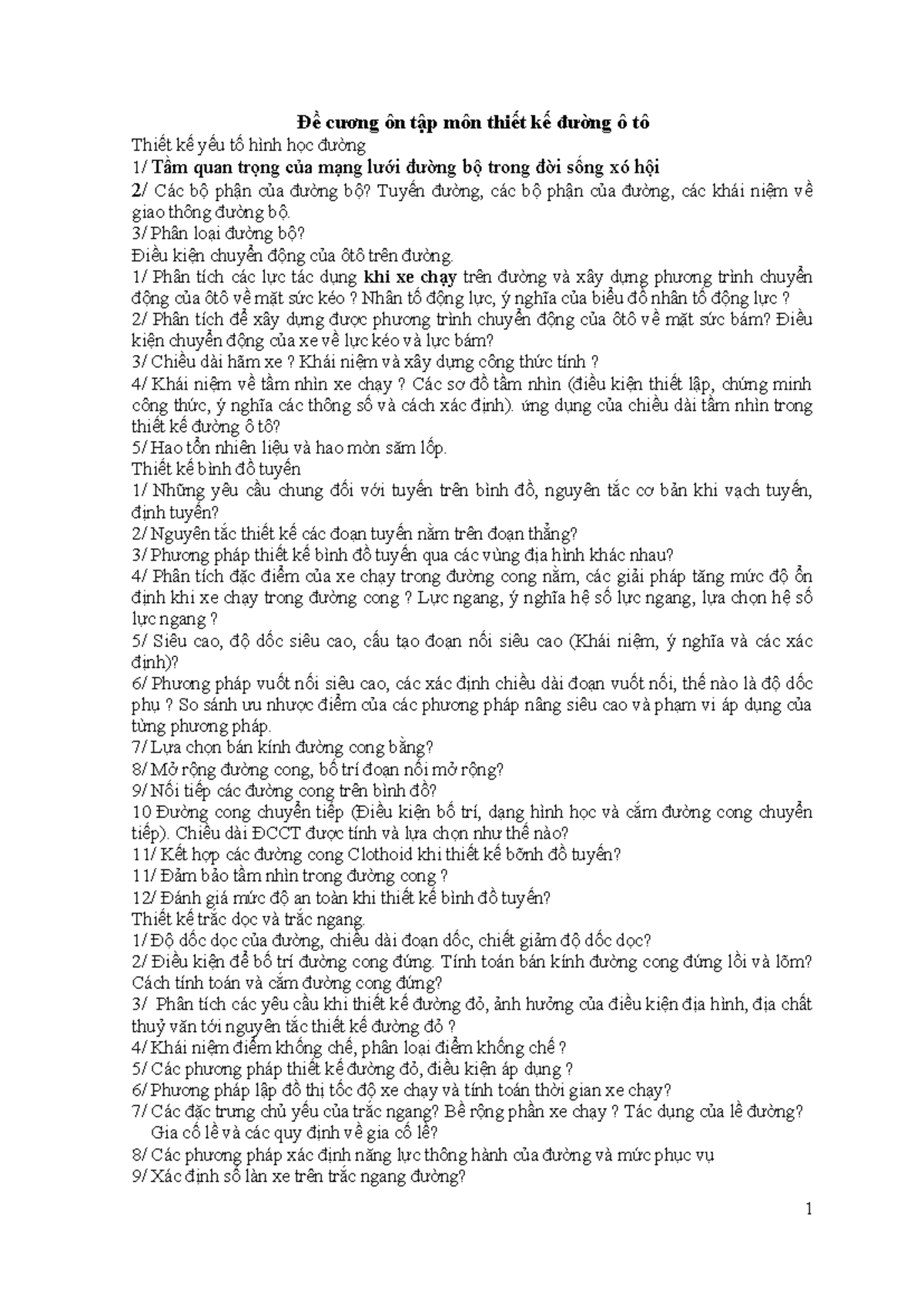 Đề cương ôn tập môn Thiết kế Đường ô tô YTHH: Các phương pháp và bài ...