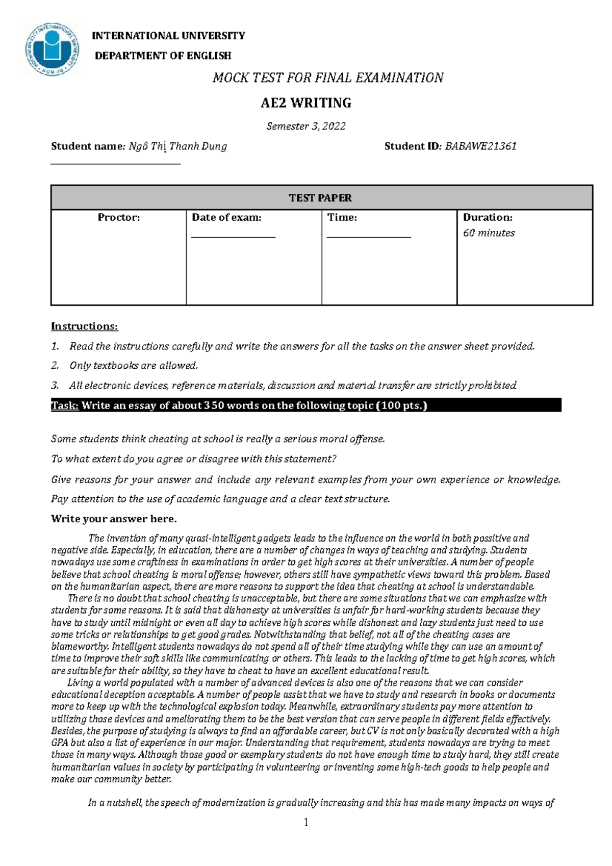 Sample AE2 Writing - Final test - INTERNATIONAL UNIVERSITY DEPARTMENT ...