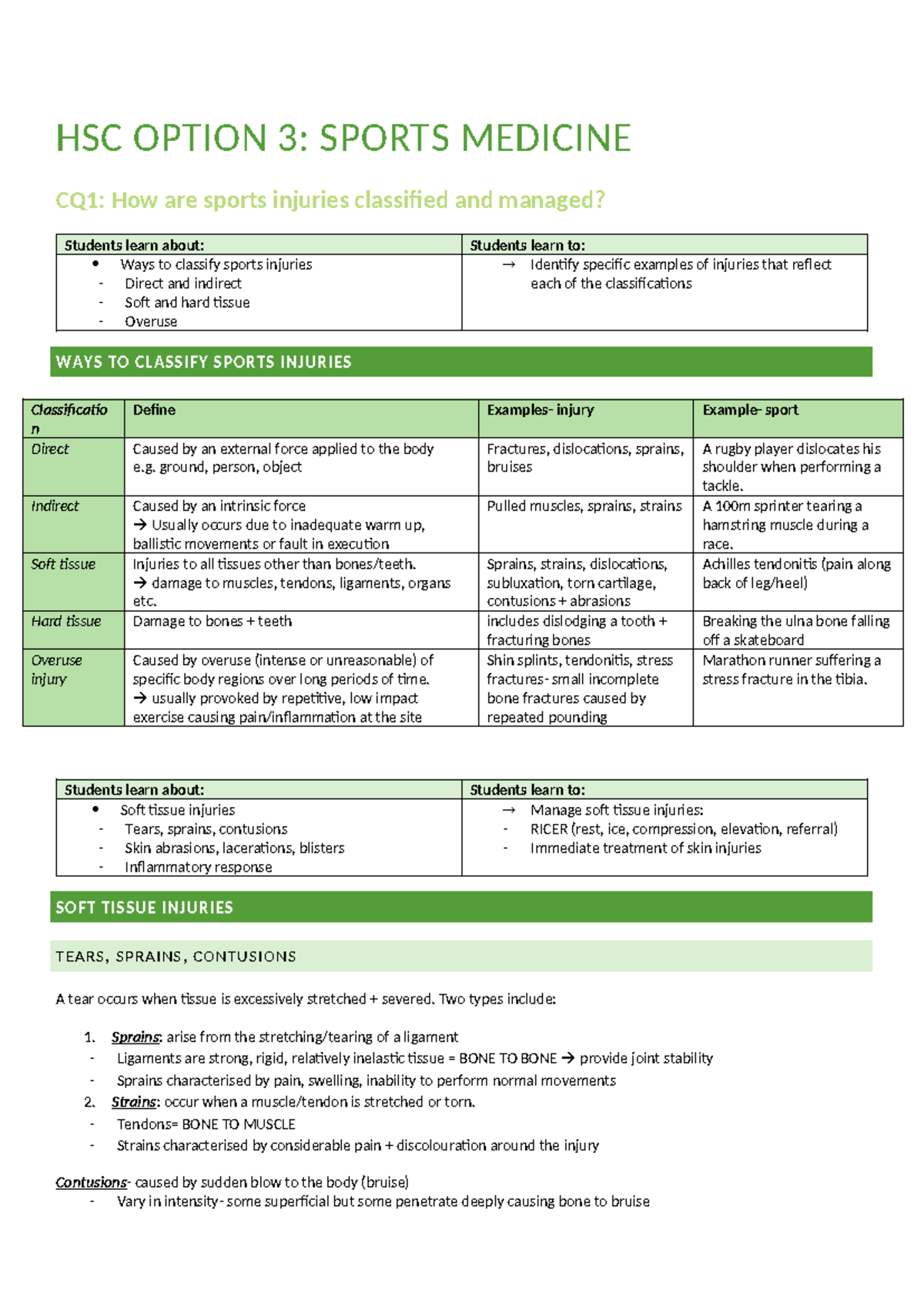 HSC OPTION 3: SPORTS MEDICINE CQ1 & CQ2 Study Notes - Studocu