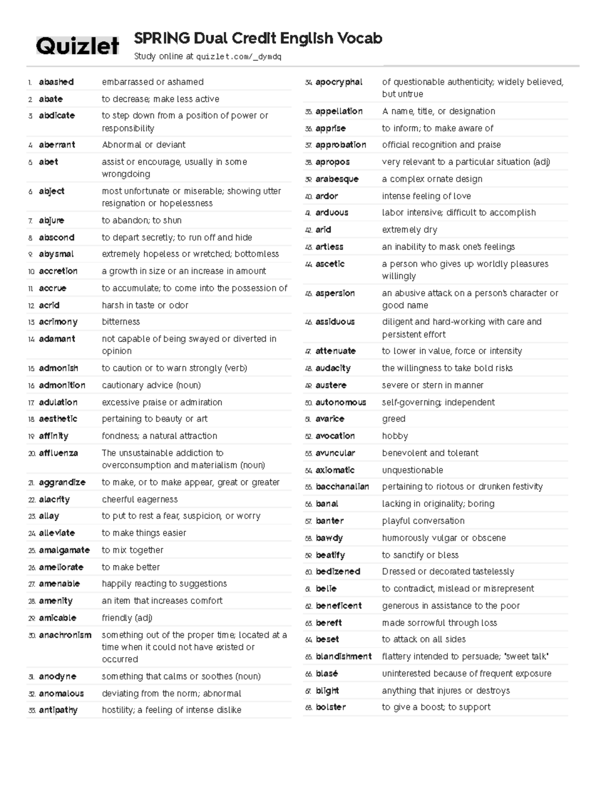 SPRING Dual Credit English Vocabulary Study & Review List - Studocu
