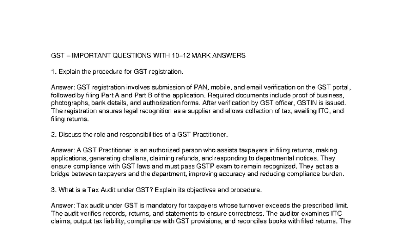 GST Important Questions & Answers for Exam Preparation - Studocu