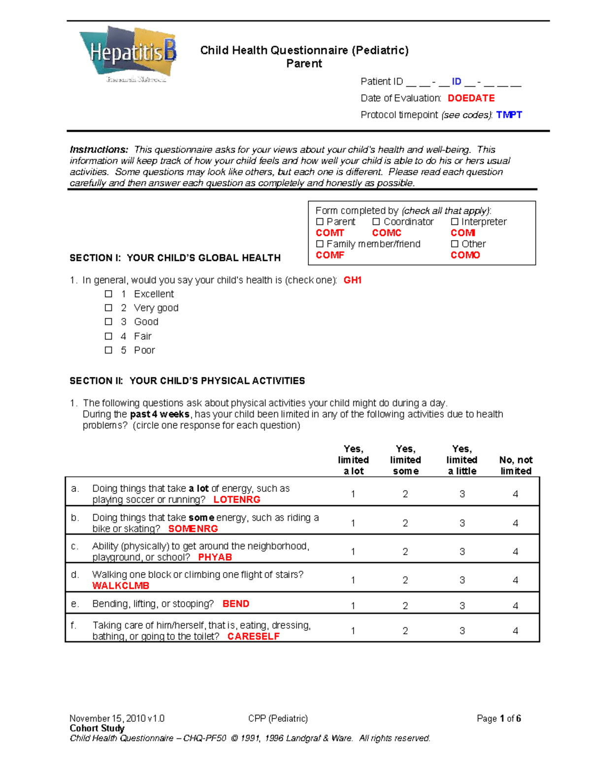 Child Health Questionnaire (Pediatric) - Parent Version v1.0 - Studocu