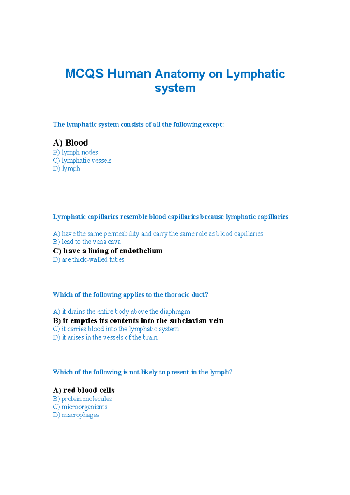 MCQs on Human Anatomy: Lymphatic System Overview (ANAT 101) - Studocu