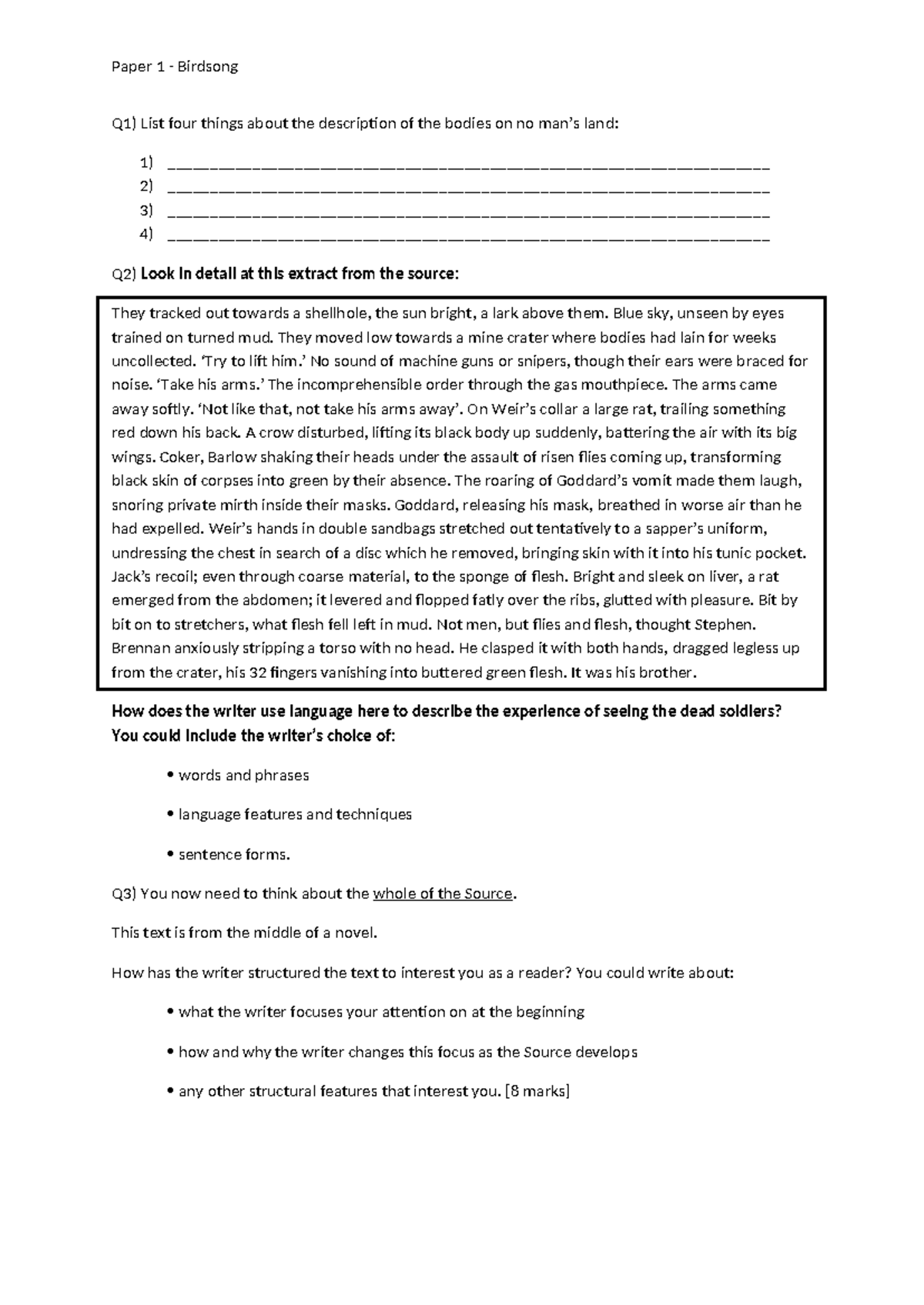 Mock Exam Paper 1: Analyzing Language in Birdsong - Studocu