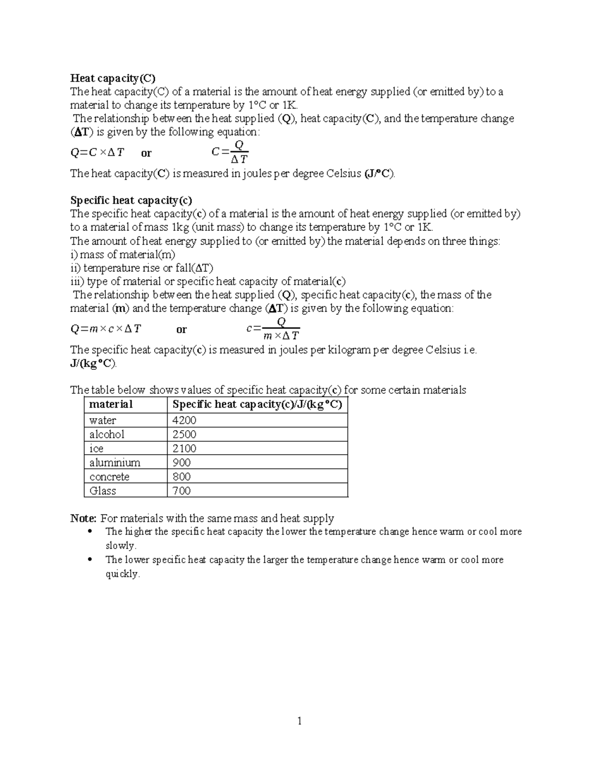 Heat Capacity and Specific Heat Capacity - REVISION Notes - Studocu