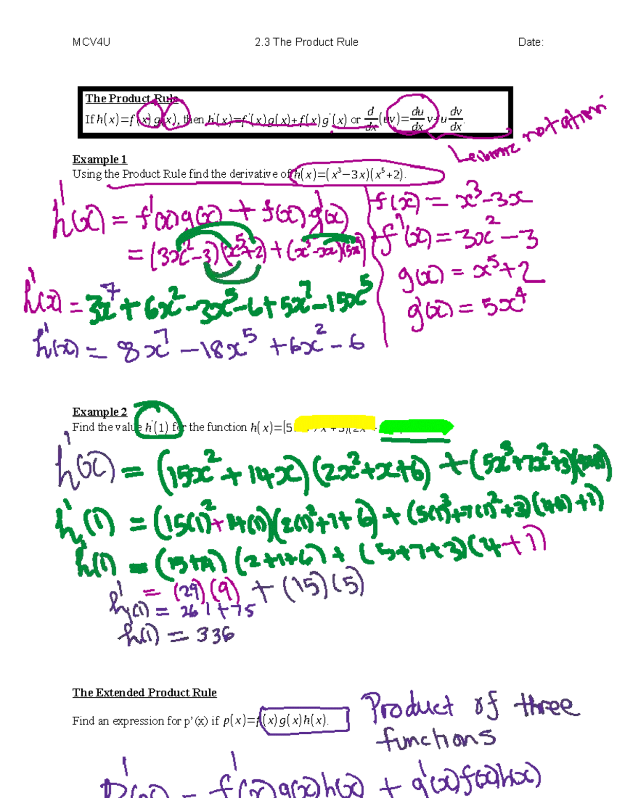 MCV4U 2.3 The Product Rule - Class Notes and Examples - Studocu