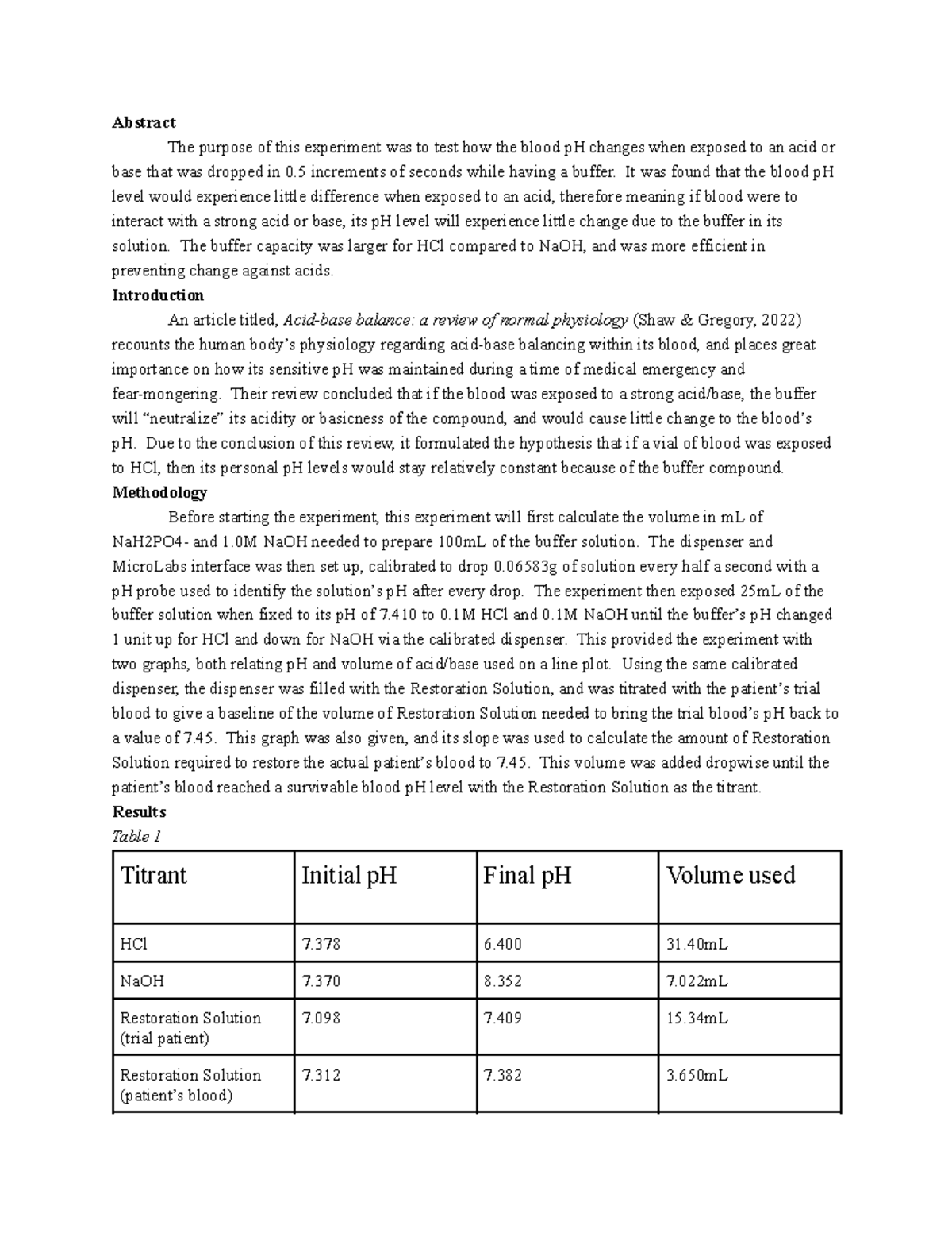 Exp 12 Lab Report: Blood pH Changes with Acid/Base Exposure - Studocu