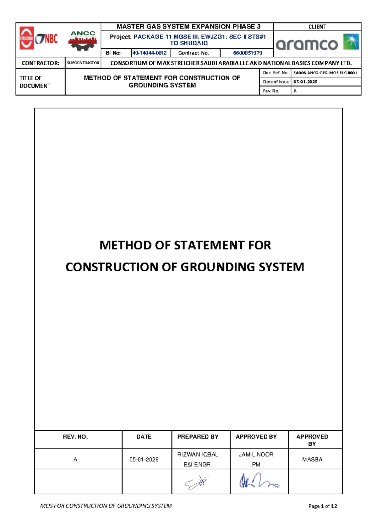 Method of Statement for Grounding System Construction - MGSE EWJZG1 ...