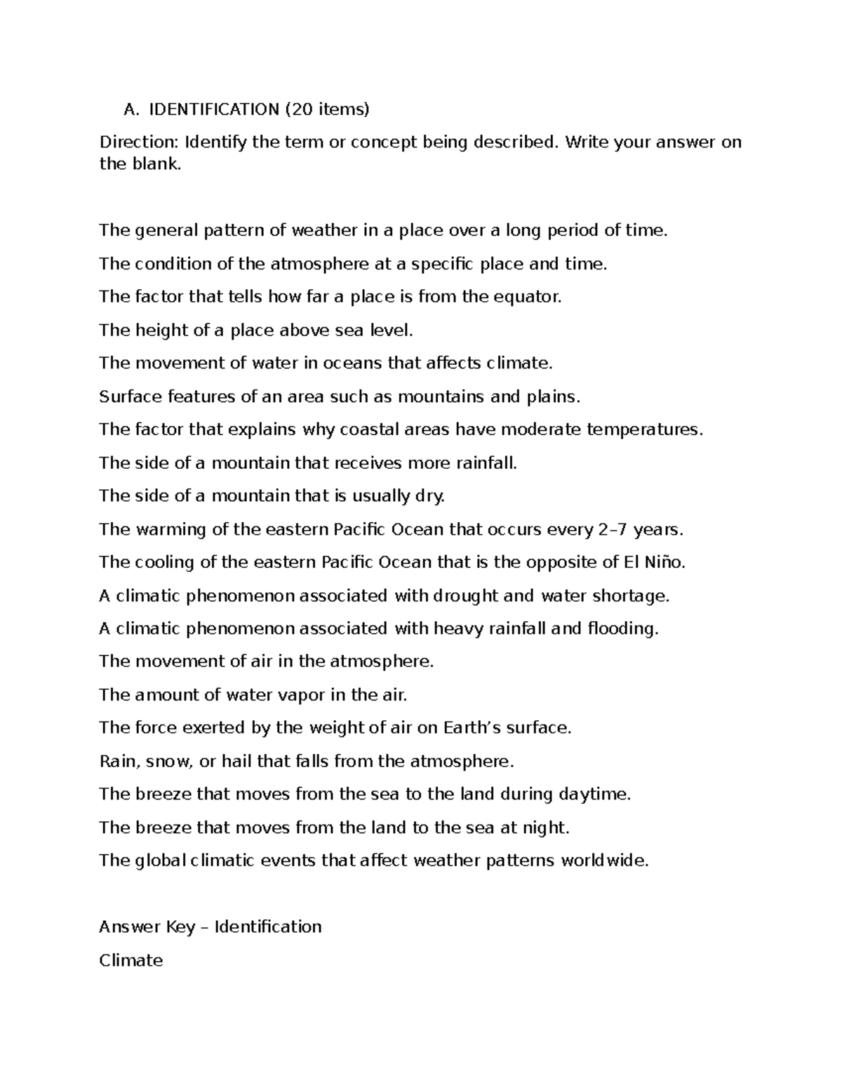 Identification and True/False Quiz on Climate Concepts (Course Code ...