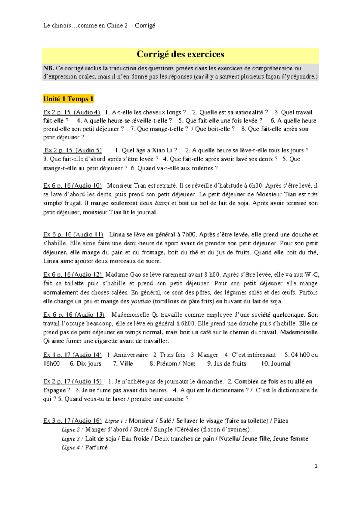 Le en Chine 2 - Corrigé des Exercices (Manuel Chinois) - Studocu
