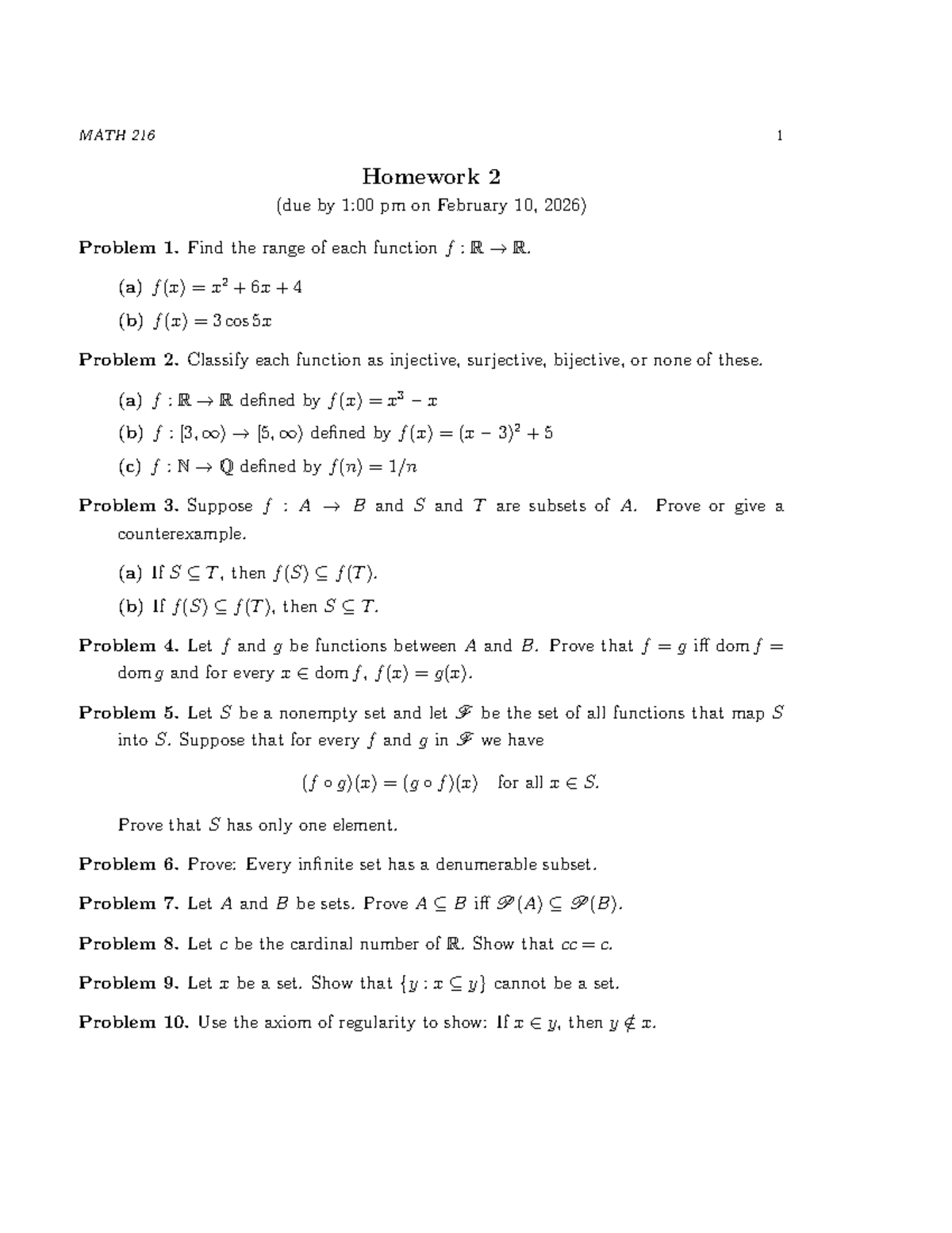 MATH 216 Homework 2: Functions, Induction, and Set Theory - Studocu
