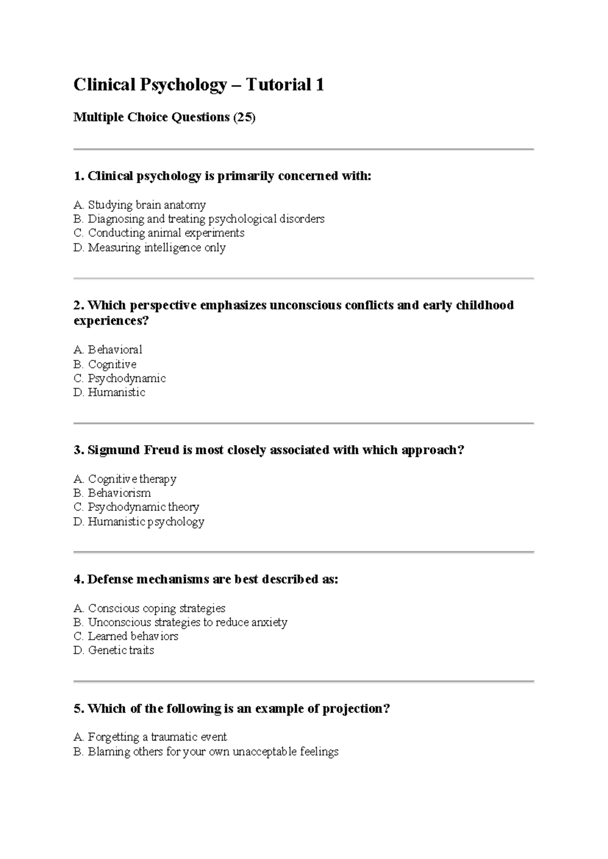 Tutorial 1 - Clinical Psychology MCQs (Multiple Choice Questions) - Studocu