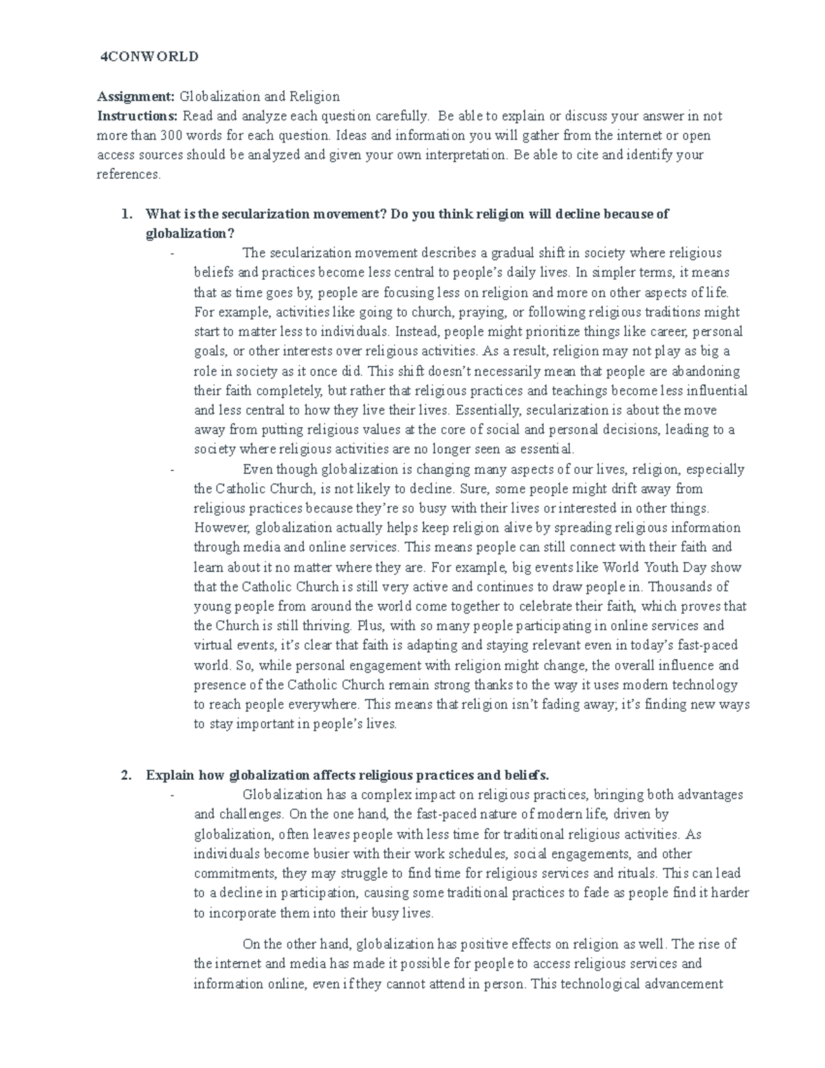 Globalization and Religion - 4CONWORLD Assignment: Globalization and ...