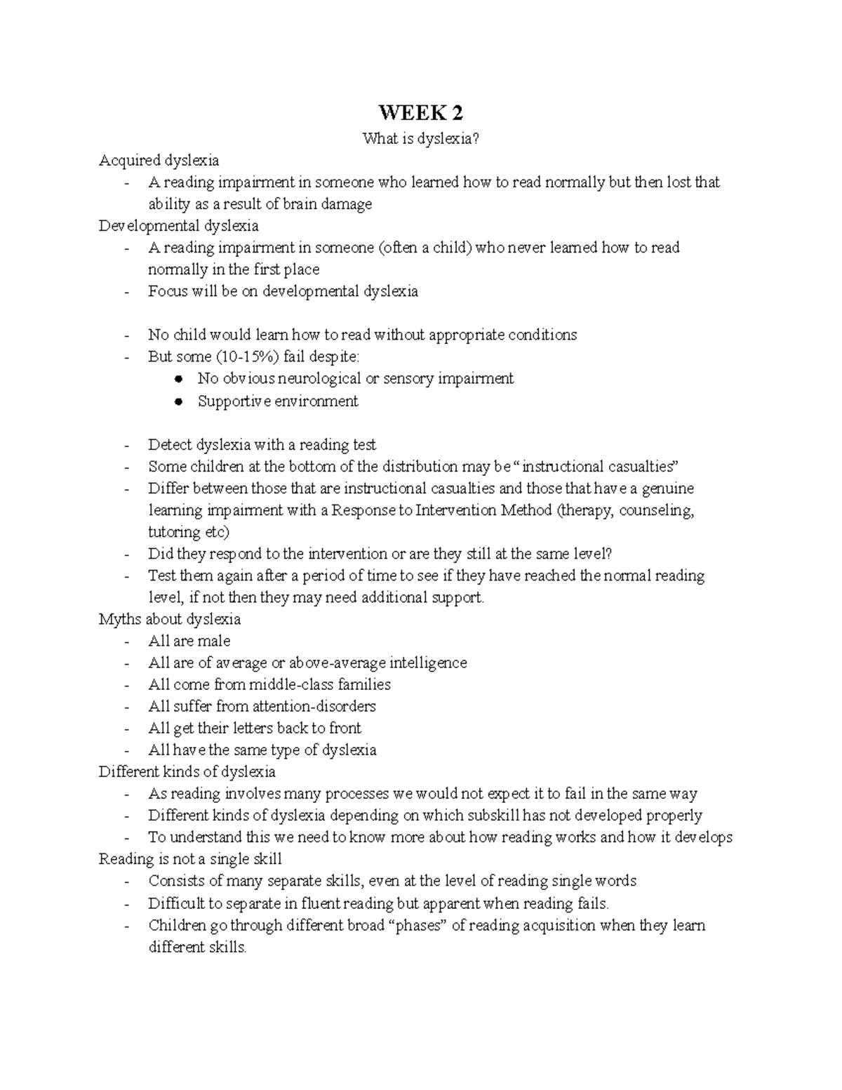COGS1010 - Comprehensive Notes on Dyslexia and Aphasia (Weeks 2-12 ...