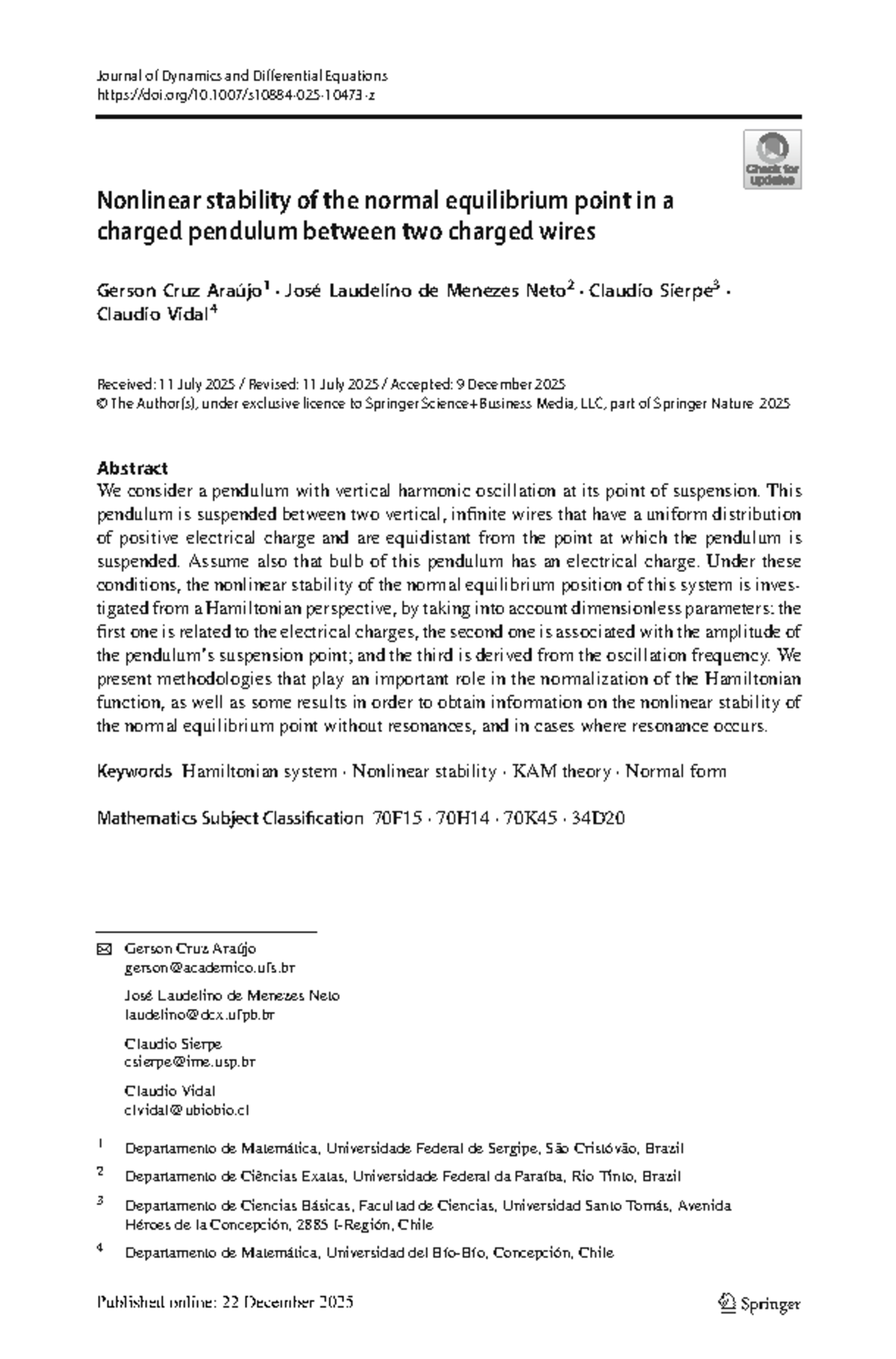 S10884 Nonlinear Stability of a Charged Pendulum Between Wires - Studocu