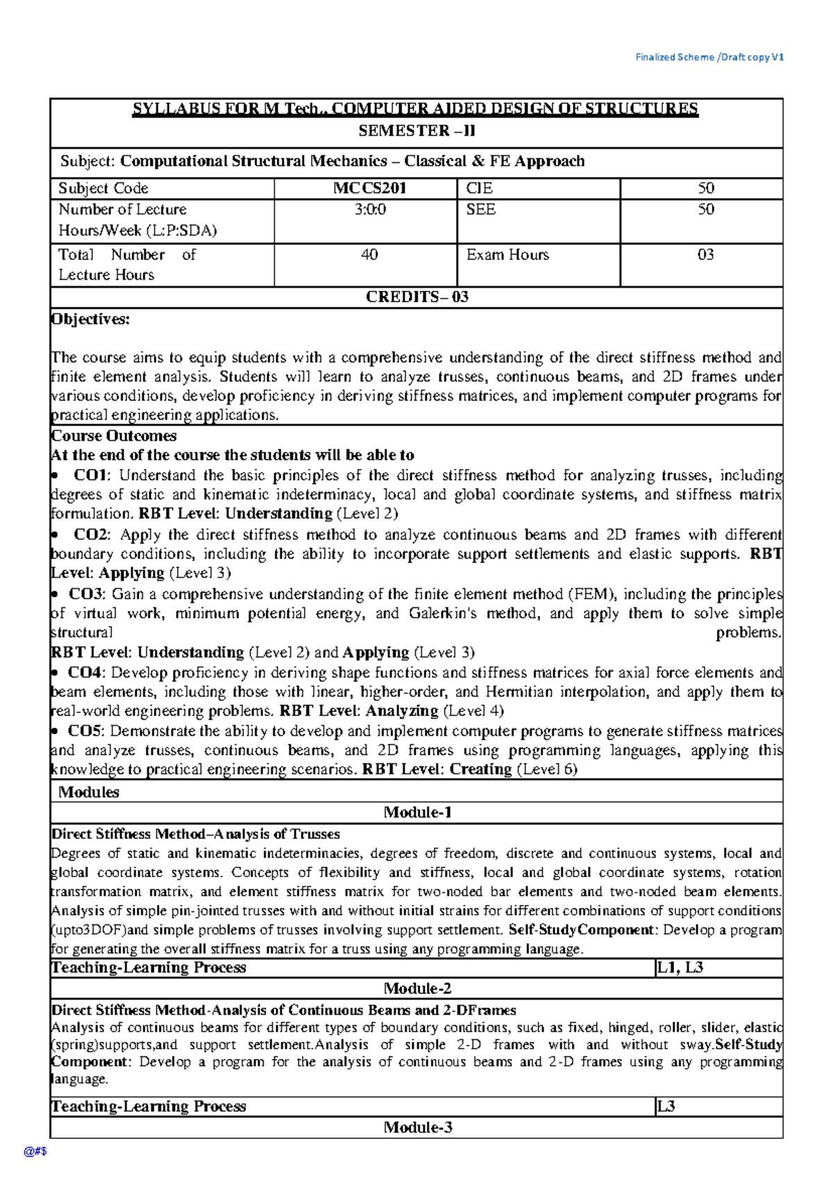 M.Tech Syllabus for CADM: Computational Structural Mechanics & Dynamics ...