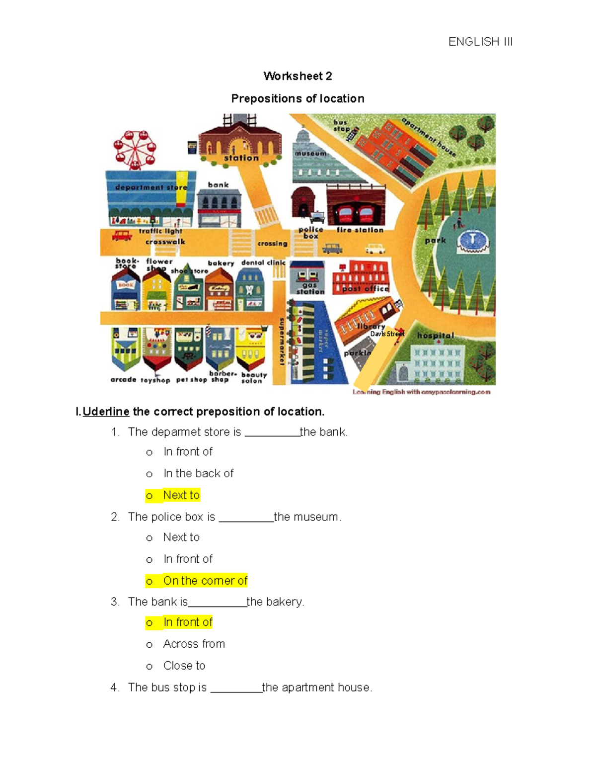 ENGLISH Worksheet 2 - Prepositions of Location Exercises - Studocu