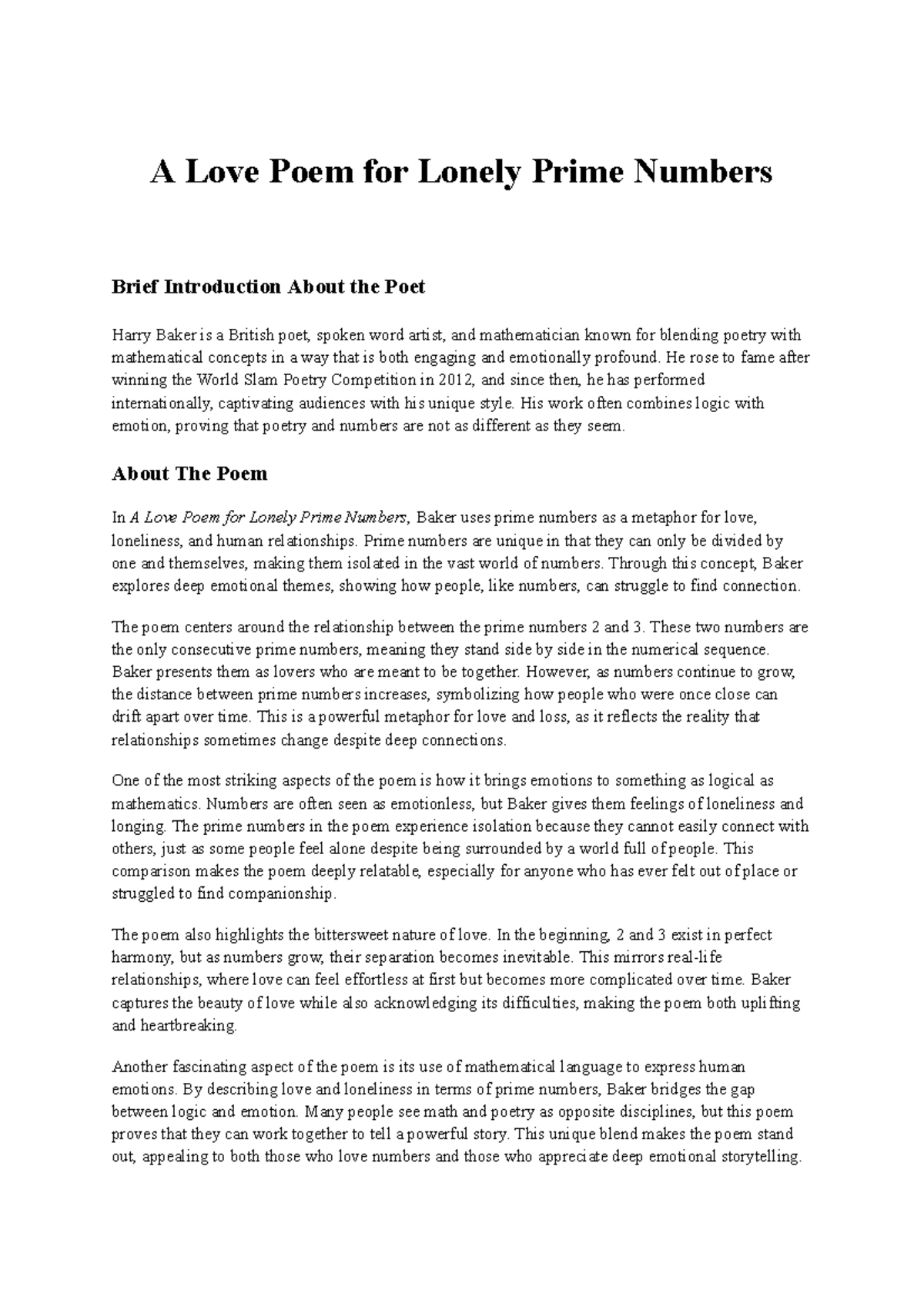 Essay Notes on "A Love Poem for Lonely Prime Numbers" Analysis - Studocu