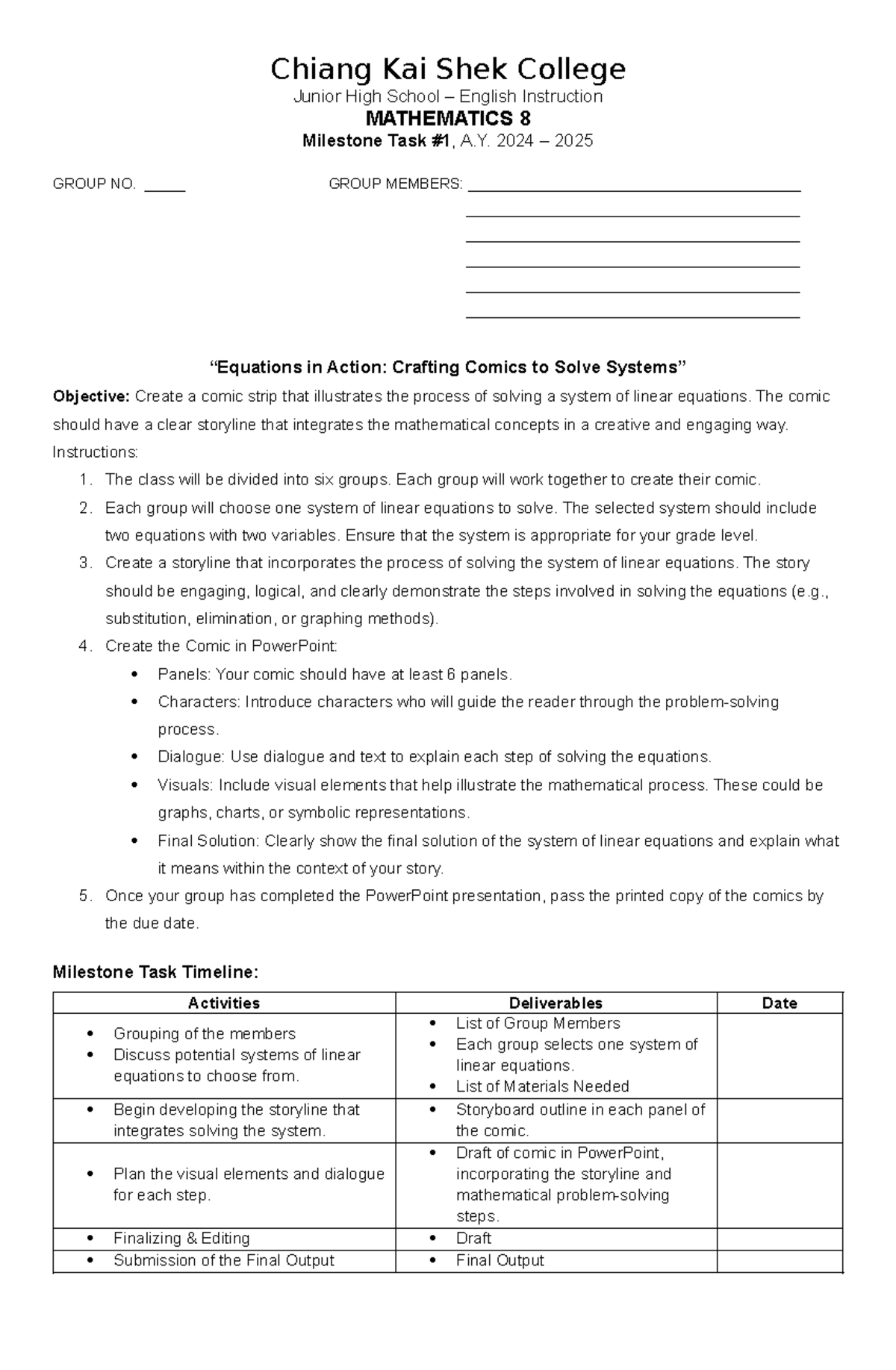 MATHEMATICS 8 Milestone Task: Crafting Comics for Linear Equations ...