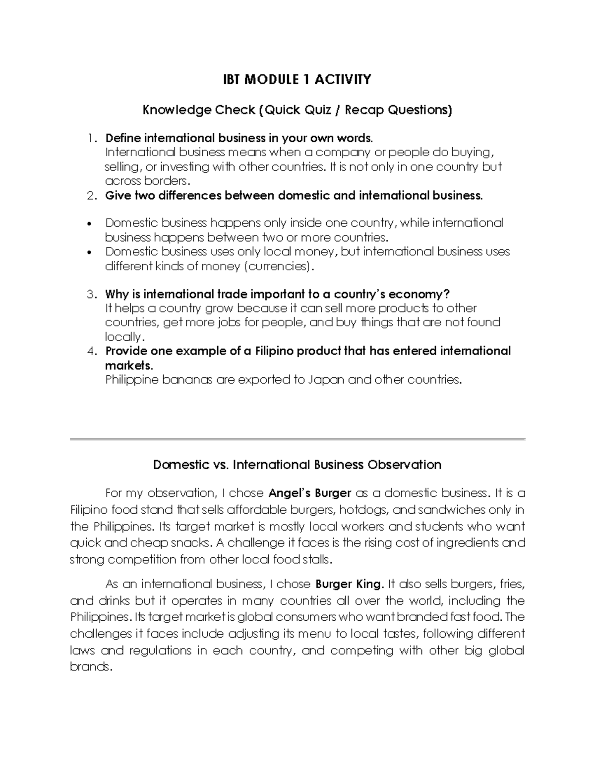 IBT Module 1 Activity - International Business Quiz Recap - Studocu