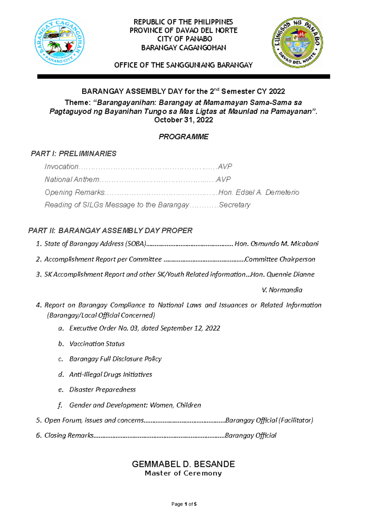 Barangay assembly minutes - REPUBLIC OF THE PHILIPPINES PROVINCE OF ...