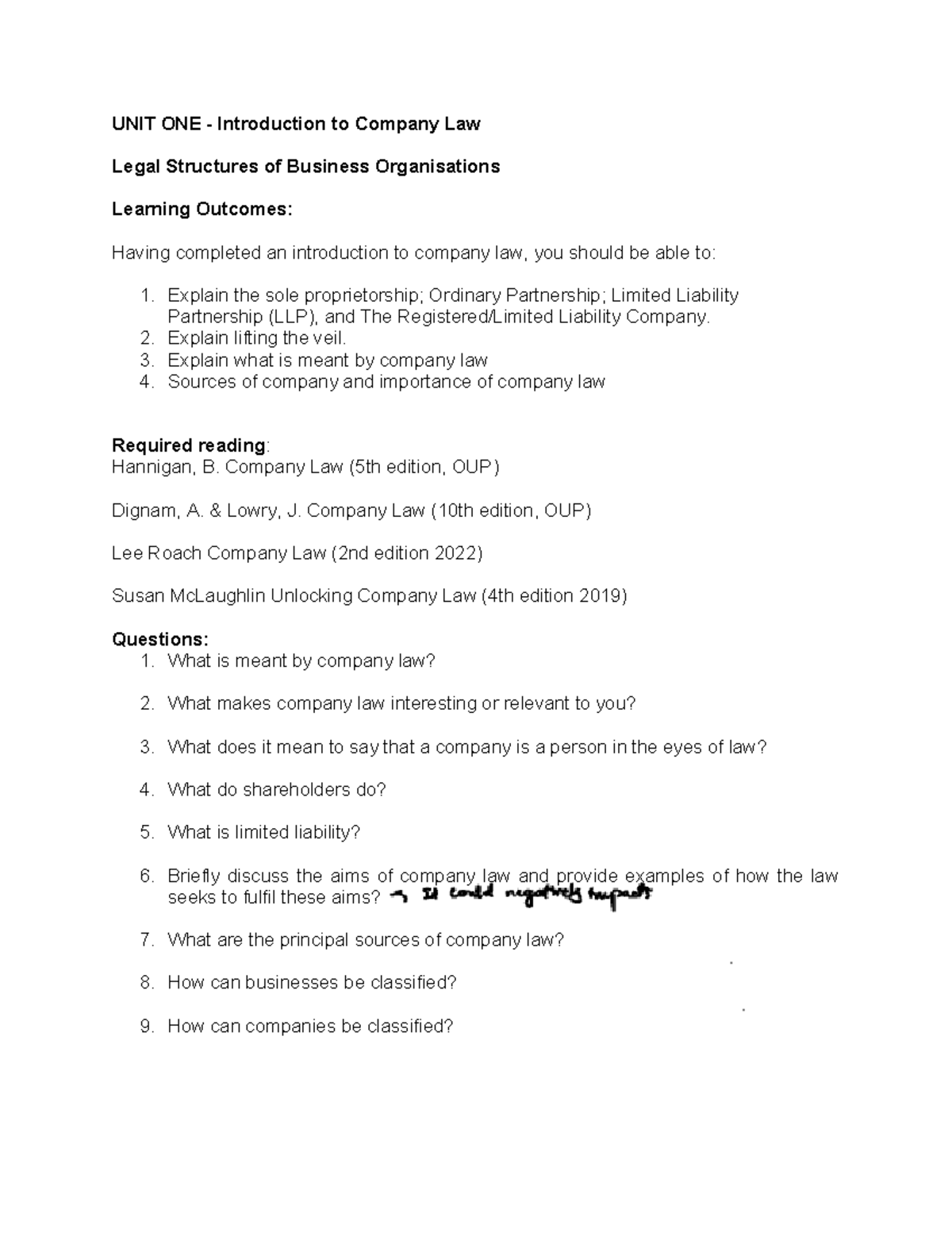 Company Law Seminar 1: Key Concepts and Learning Outcomes - Studocu