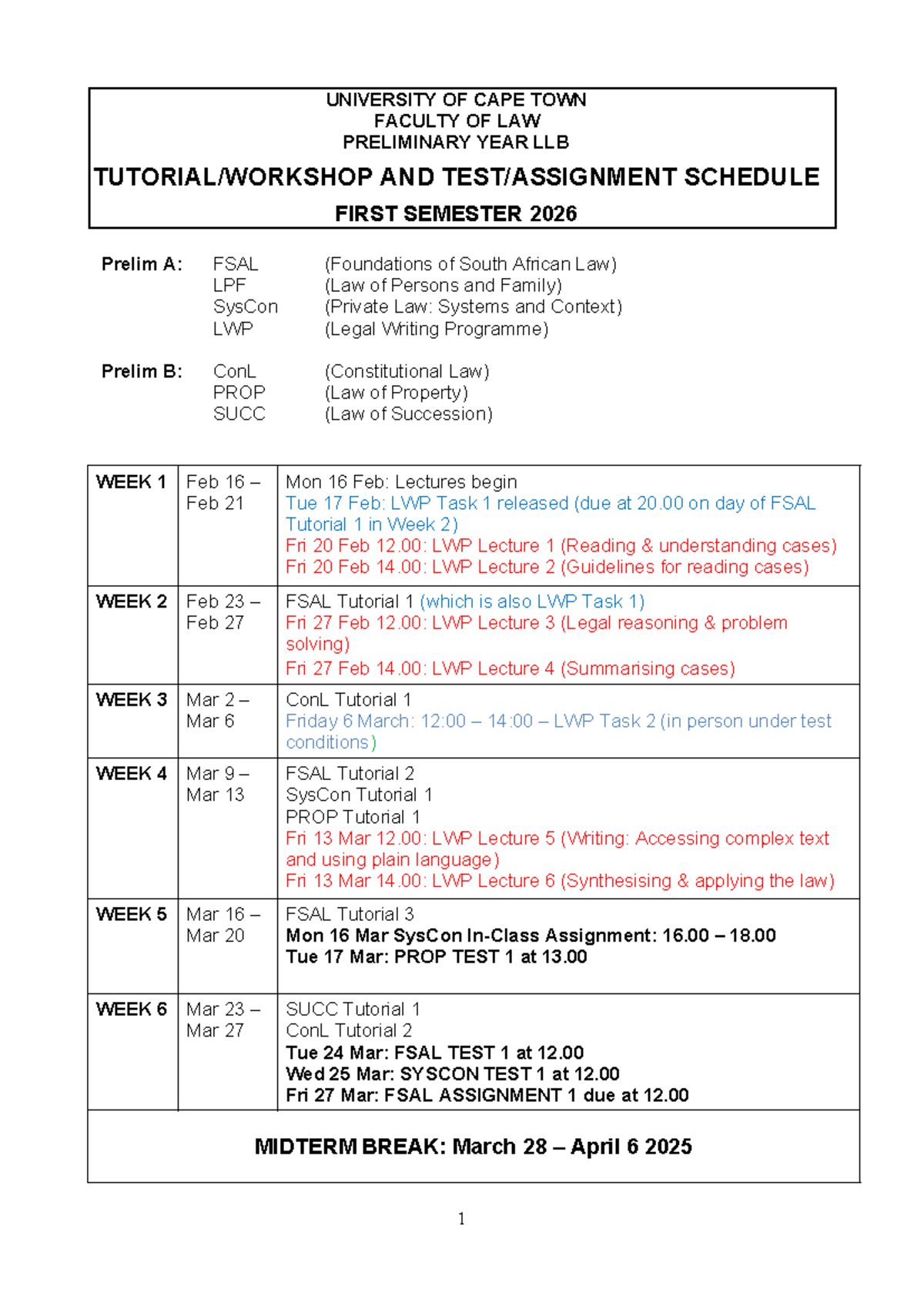 UCT Law Preliminary Year LLB Semester 1 2026 Schedule - Studocu