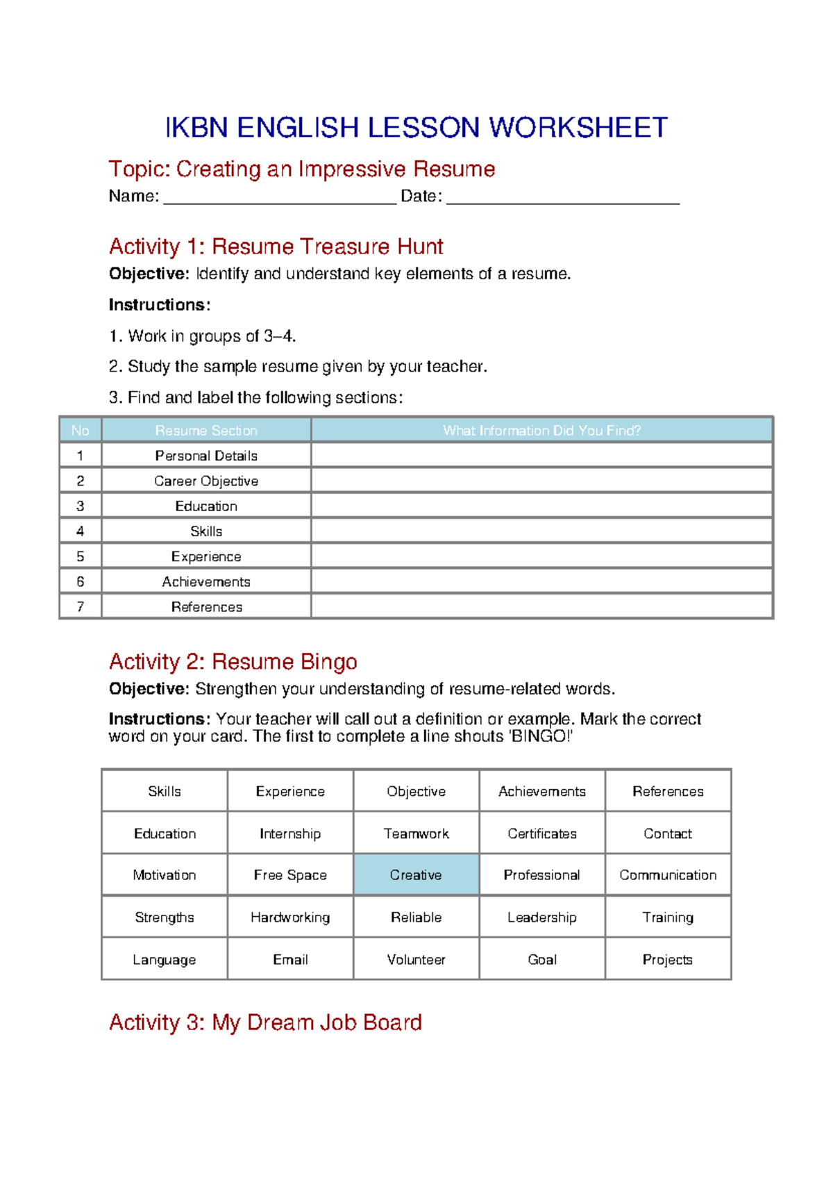 IKBN ENGLISH LESSON: Resume Activity Worksheet - Studocu