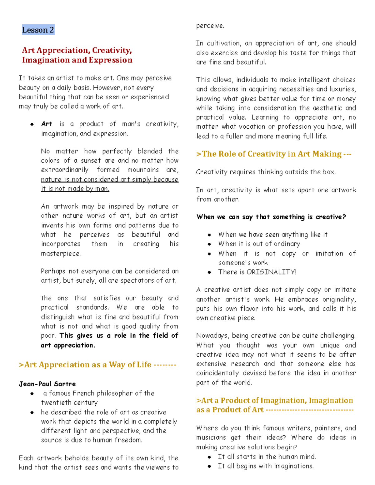 Art Appreciation & Creativity: Understanding Imagination & Expression - Studocu