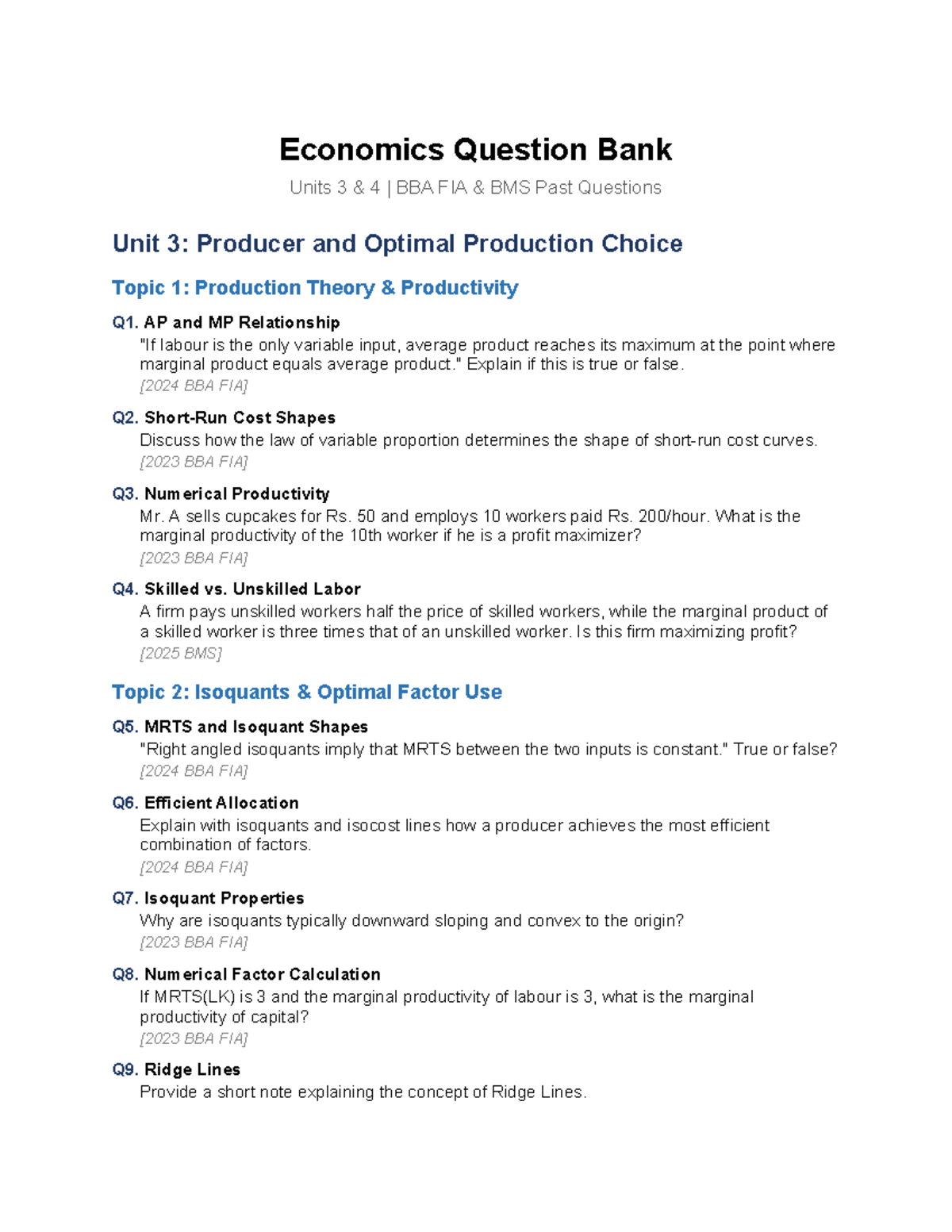 Economics Question Bank: Units 3 & 4 BBA FIA BMS Past Questions - Studocu