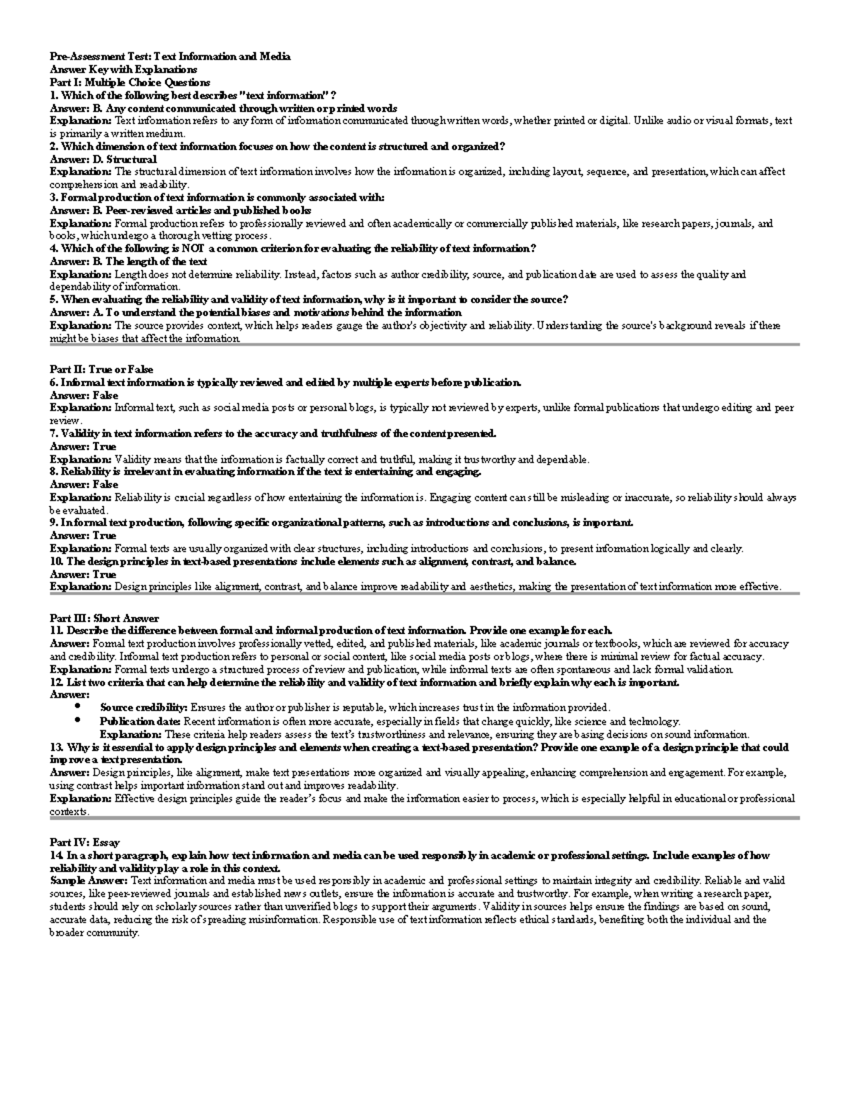 Text Information Pre-Assessment: Answer Key & Explanations - Studocu