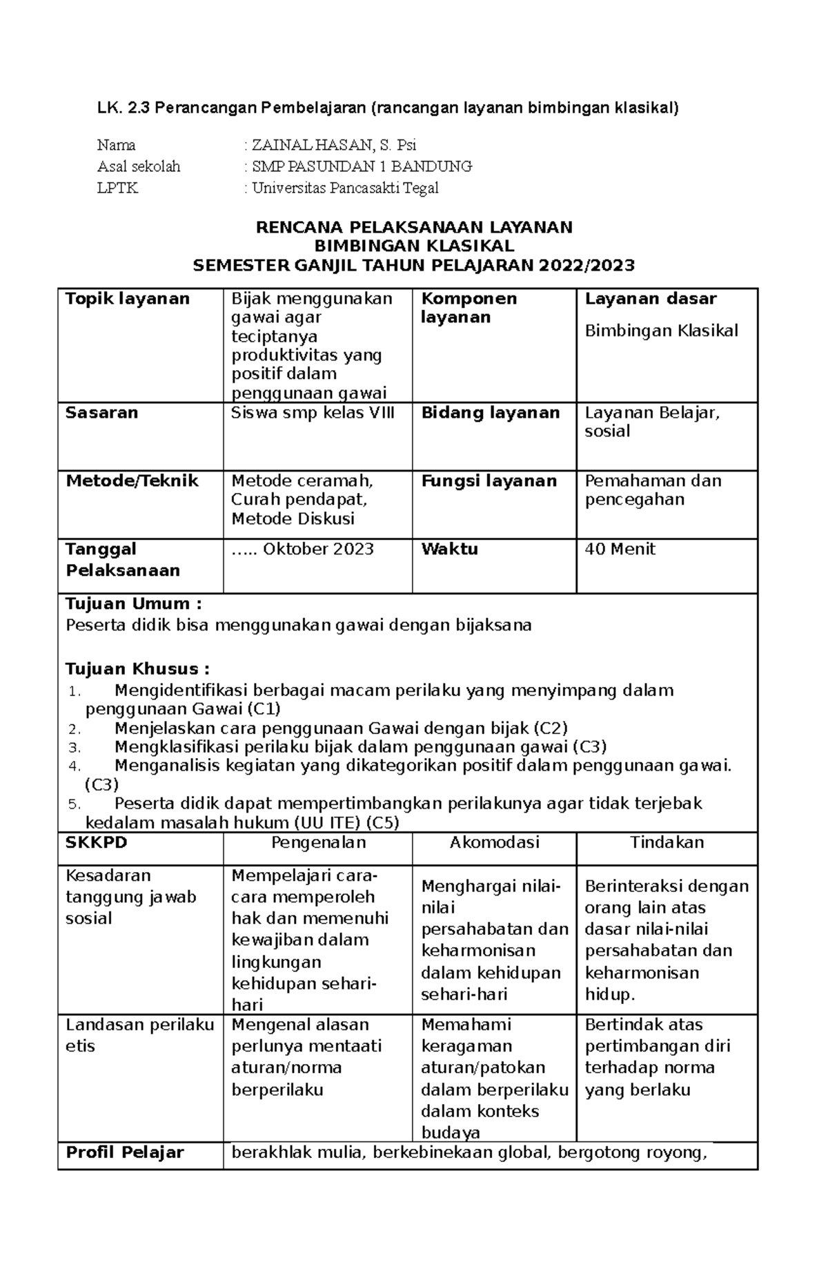 RPL BK 8: Rencana Pelaksanaan Layanan Bijak Menggunakan Gawai - Studocu