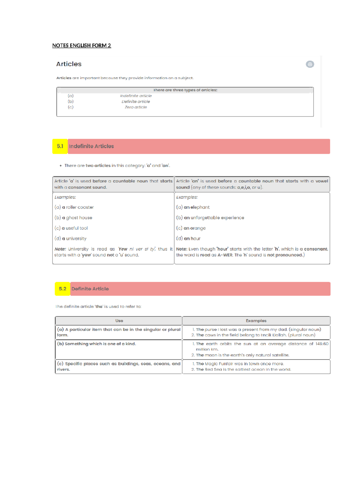 FORM 2 English Notes: Articles, Prepositions & Modals - Studocu