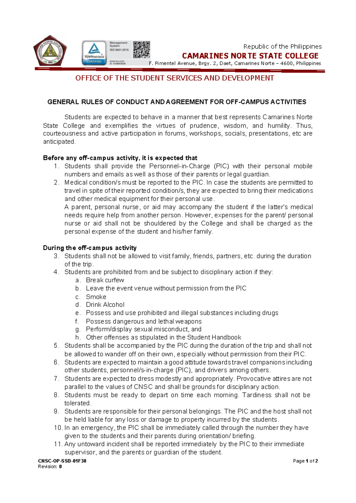CNSC OP SSD 01F38 Rules of Conduct for Off-Campus Activities - Studocu