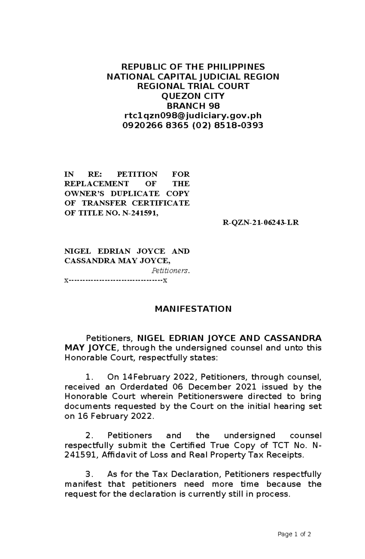 Petition for Replacement of Owner’s Duplicate TCT No. N-241591 - Studocu