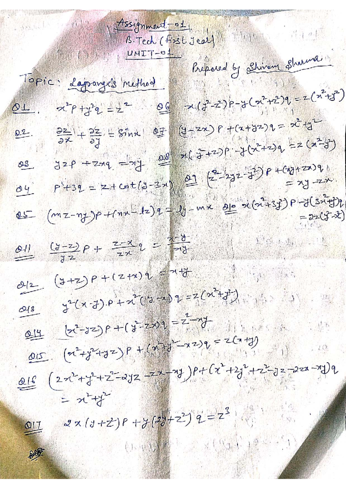 Assignment 01: Practice Questions on Linear PDEs (B.Tech) - Studocu