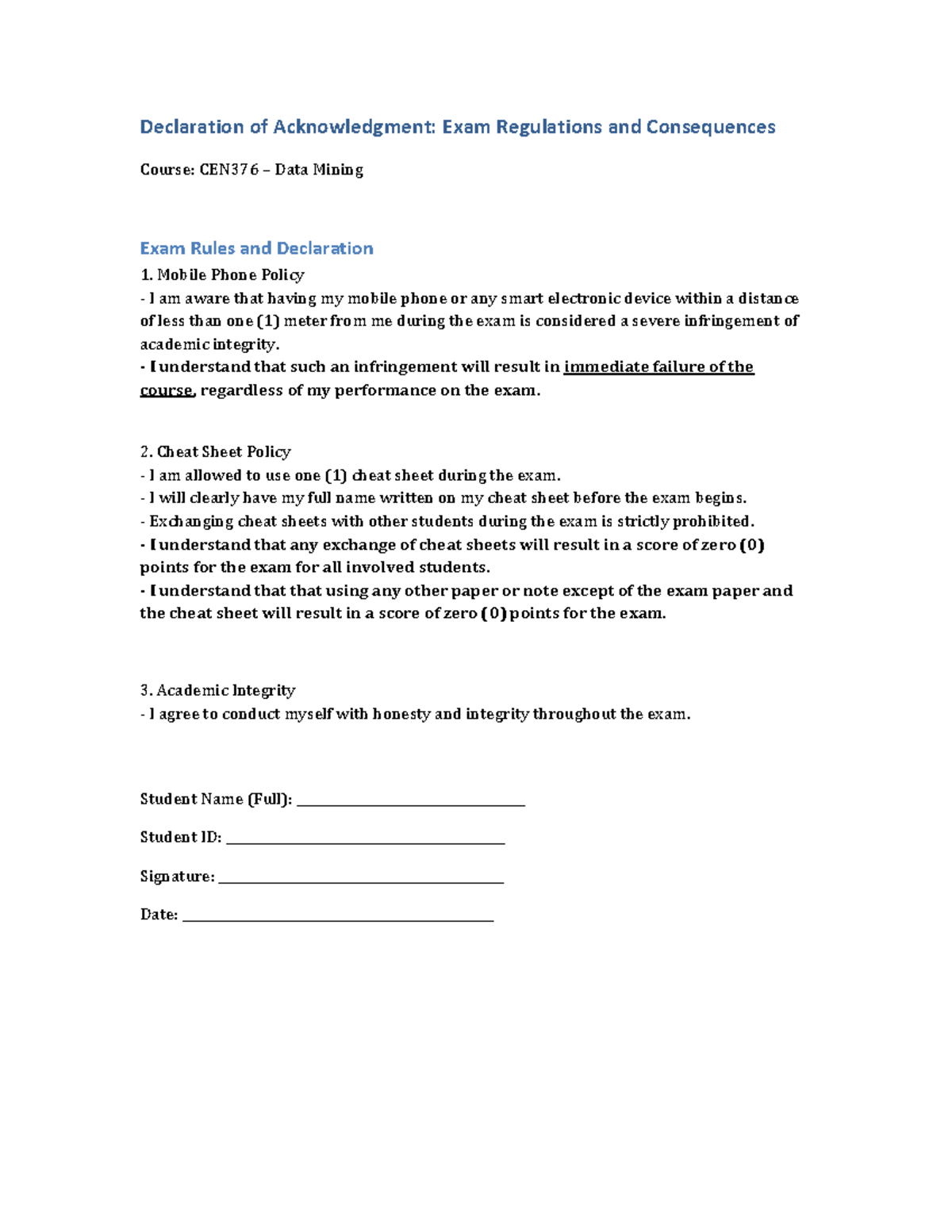 Declaration of Acknowledgment: CEN376 Exam Regulations - Studocu