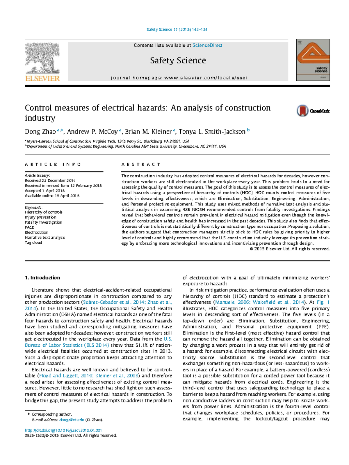 Control Measures of Electrical Hazards in Construction: A HOC Analysis ...