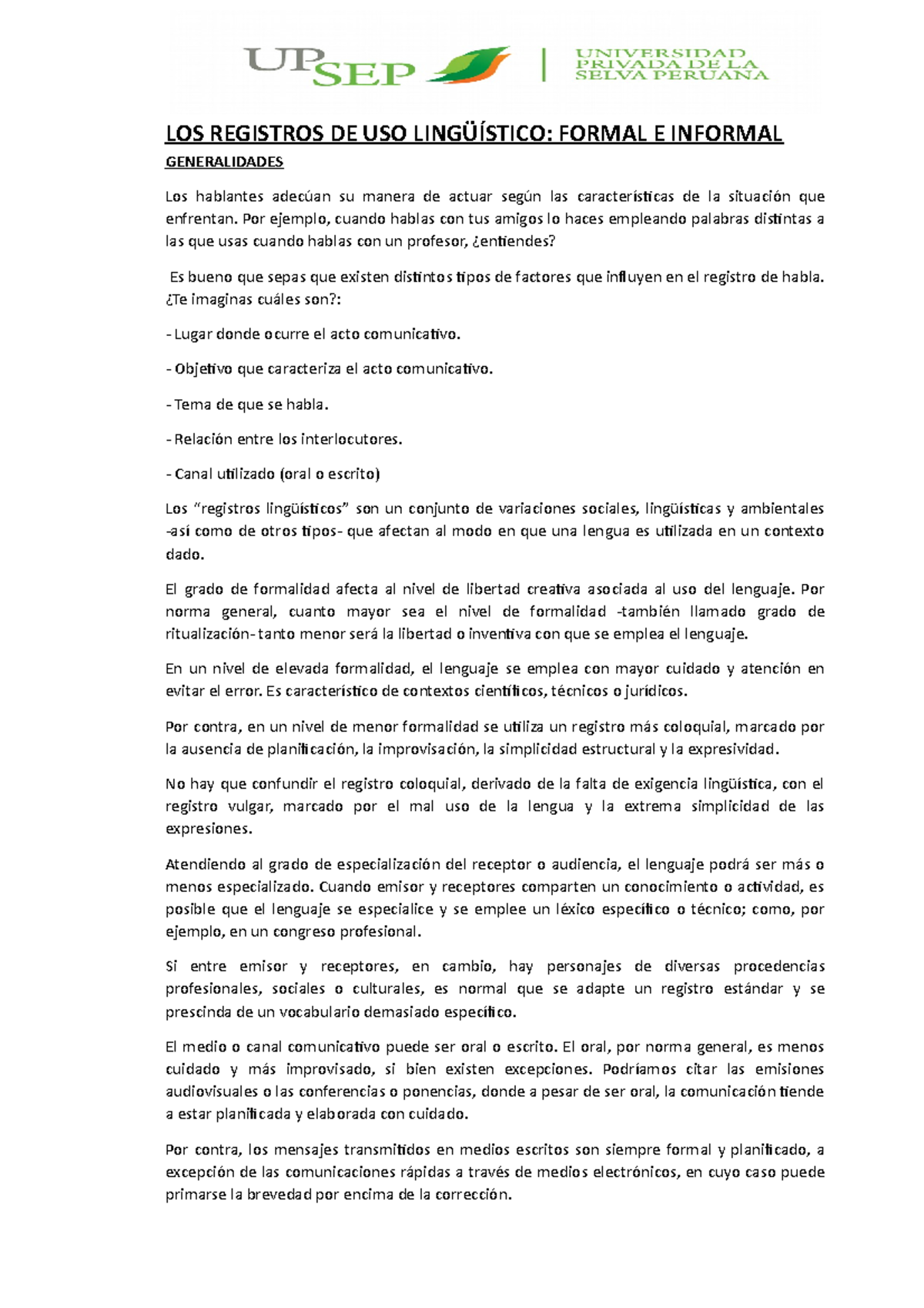 Registros Lingüísticos: Formal e Informal - Guía de Estudio - Studocu
