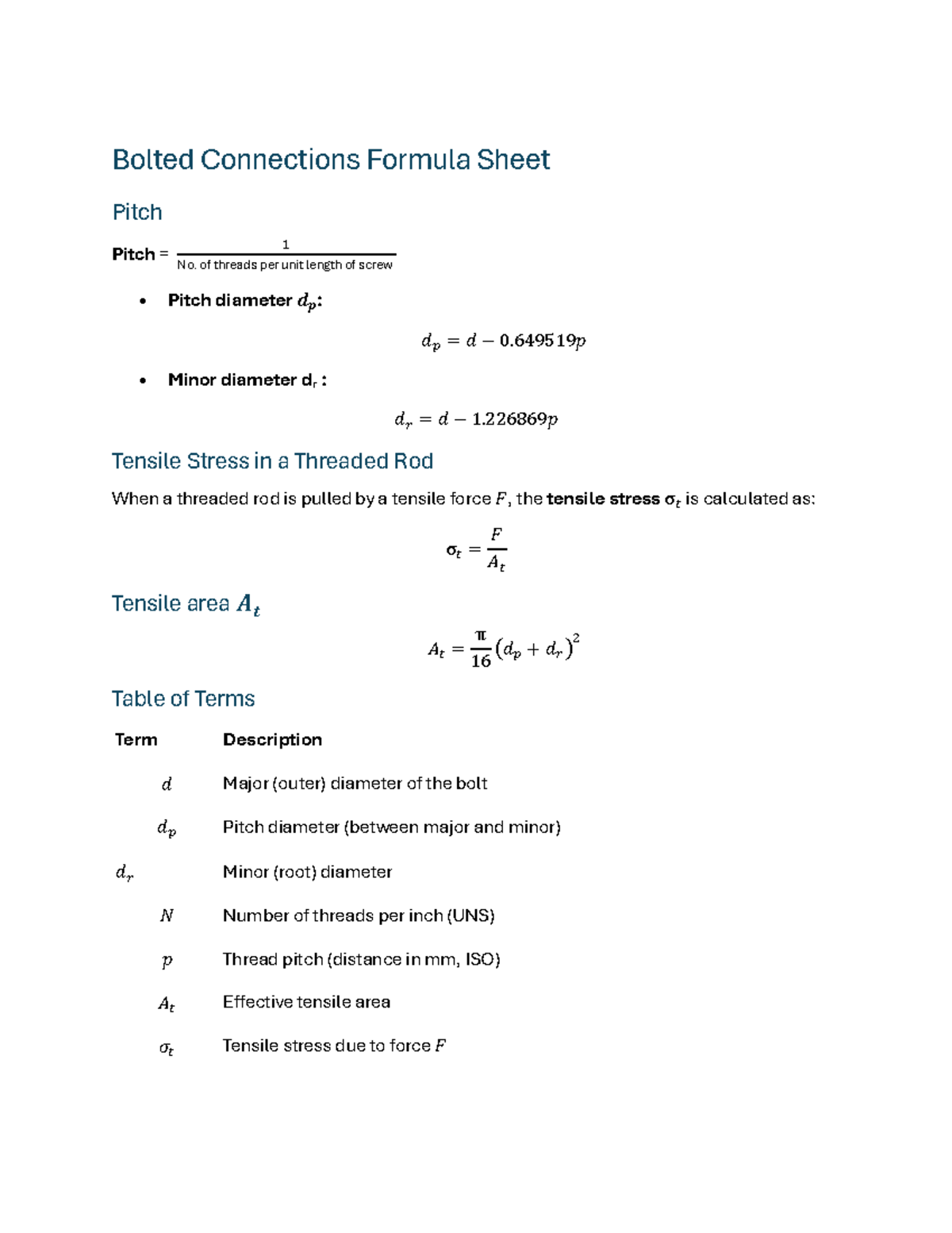 Bolted Connections Formula Sheet for Engineering Applications - Studocu