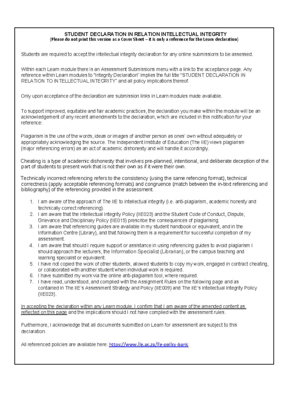 IIE023: Student Declaration of Intellectual Integrity & Assignment ...