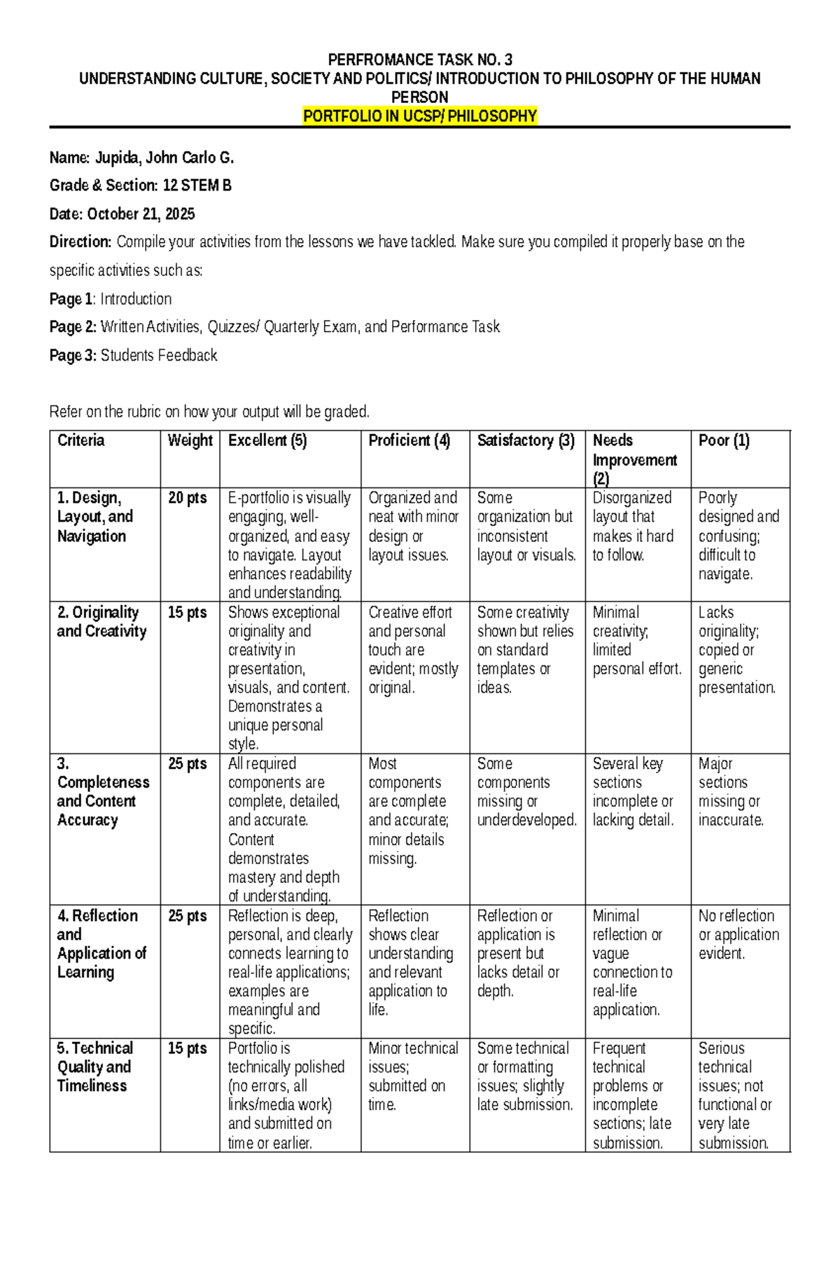 E-Portfolio Rubric for UCSP & Philosophy Performance Task - Studocu