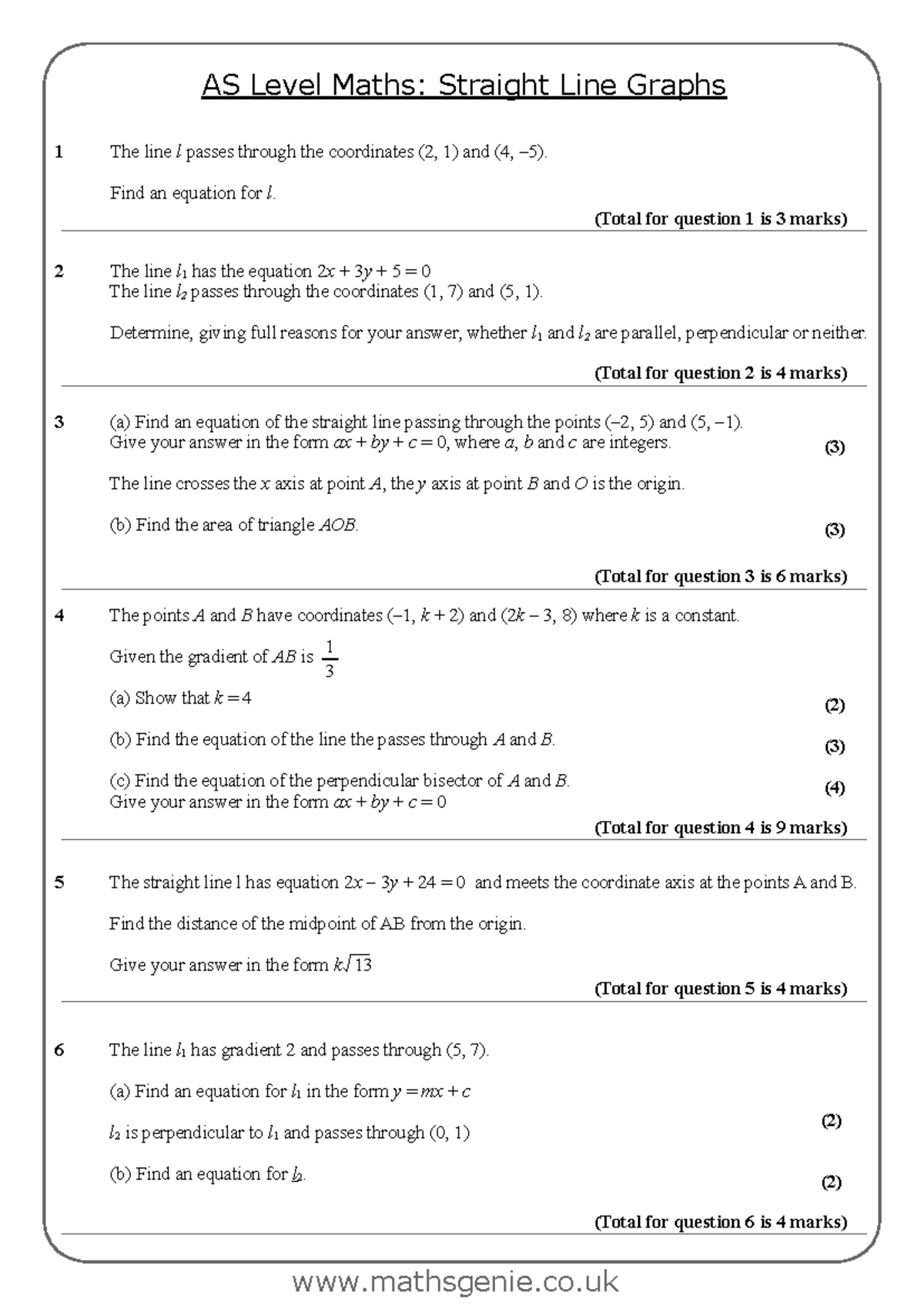 AS Level Maths: Straight Line Graphs - Problem Set and Solutions - Studocu