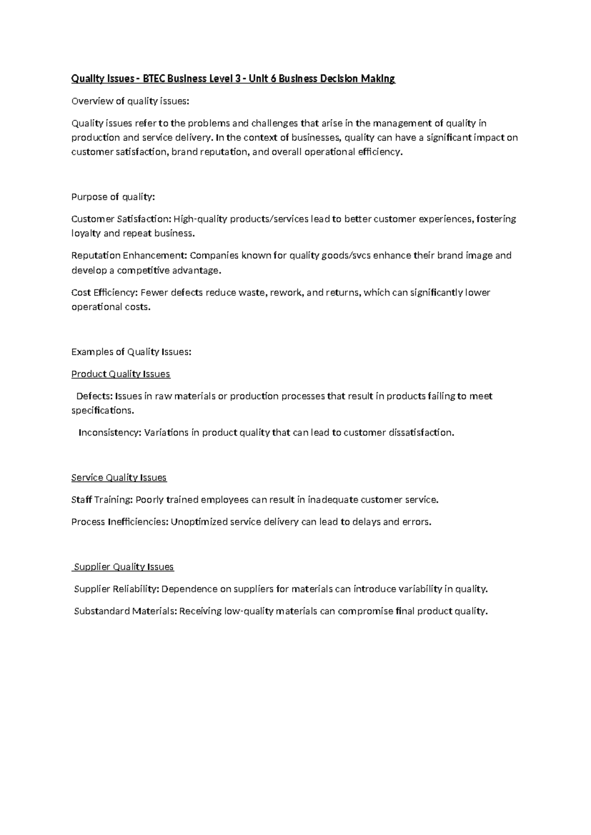 Quality Issues - BTEC Business Level 3 Unit 6 Revision Notes - Studocu