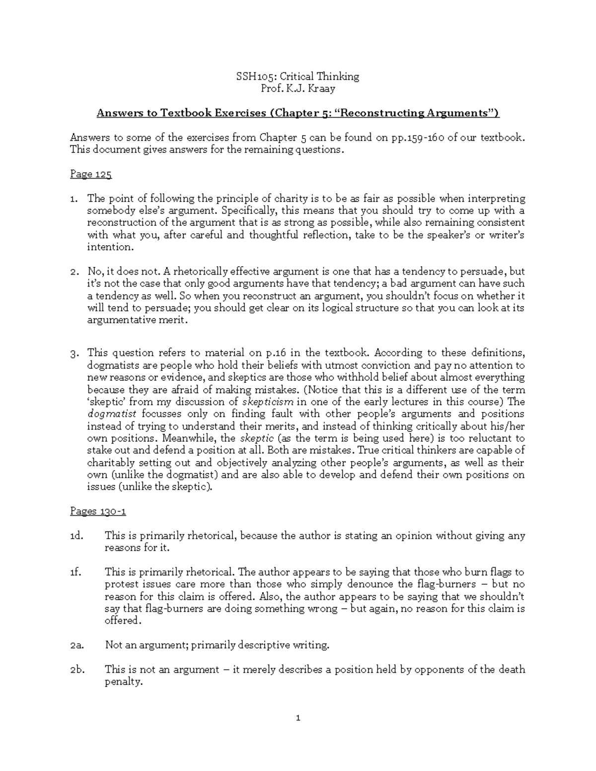 Chapter 5 Exercise Solutions - SSH105: Critical Thinking Prof. K. Kraay ...