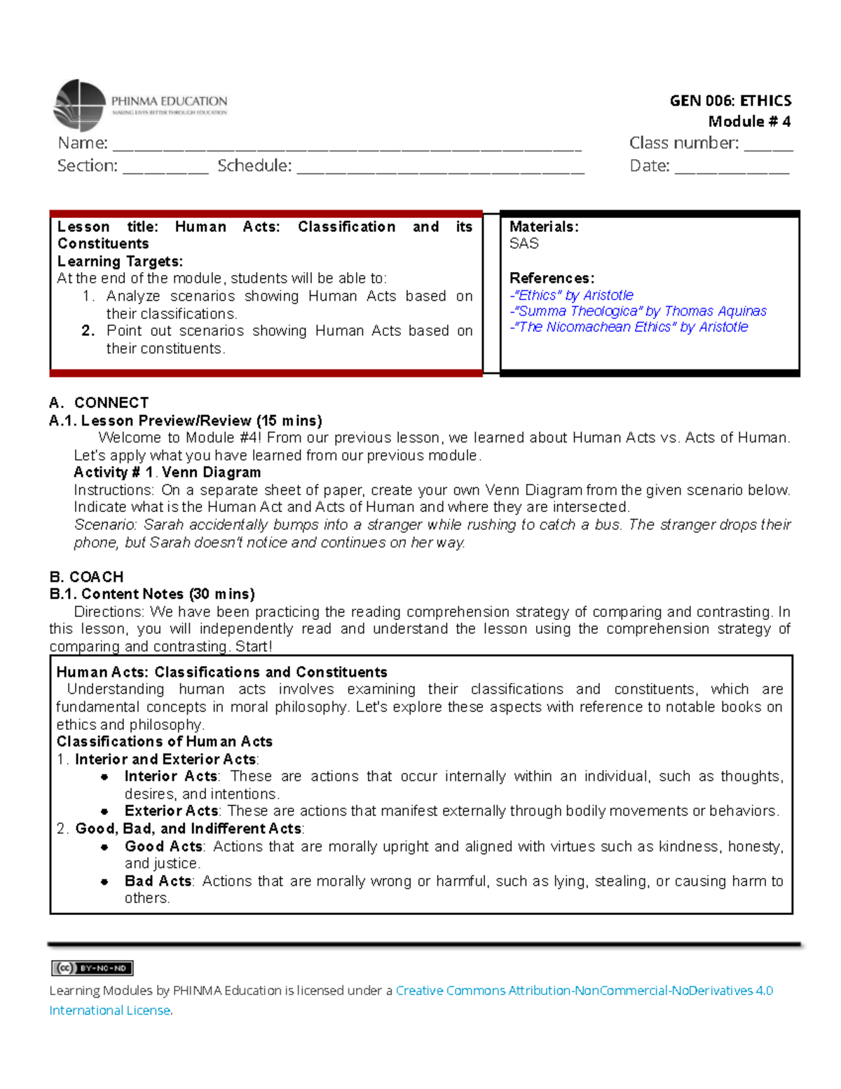 GEN 006: ETHICS Module 4 - Human Acts: Classifications & Constituents ...