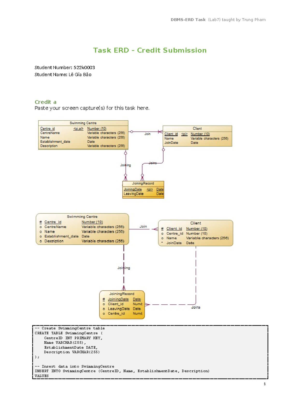 ERD Credit Task: SQL Tables and Data Insertion Guide - Studocu