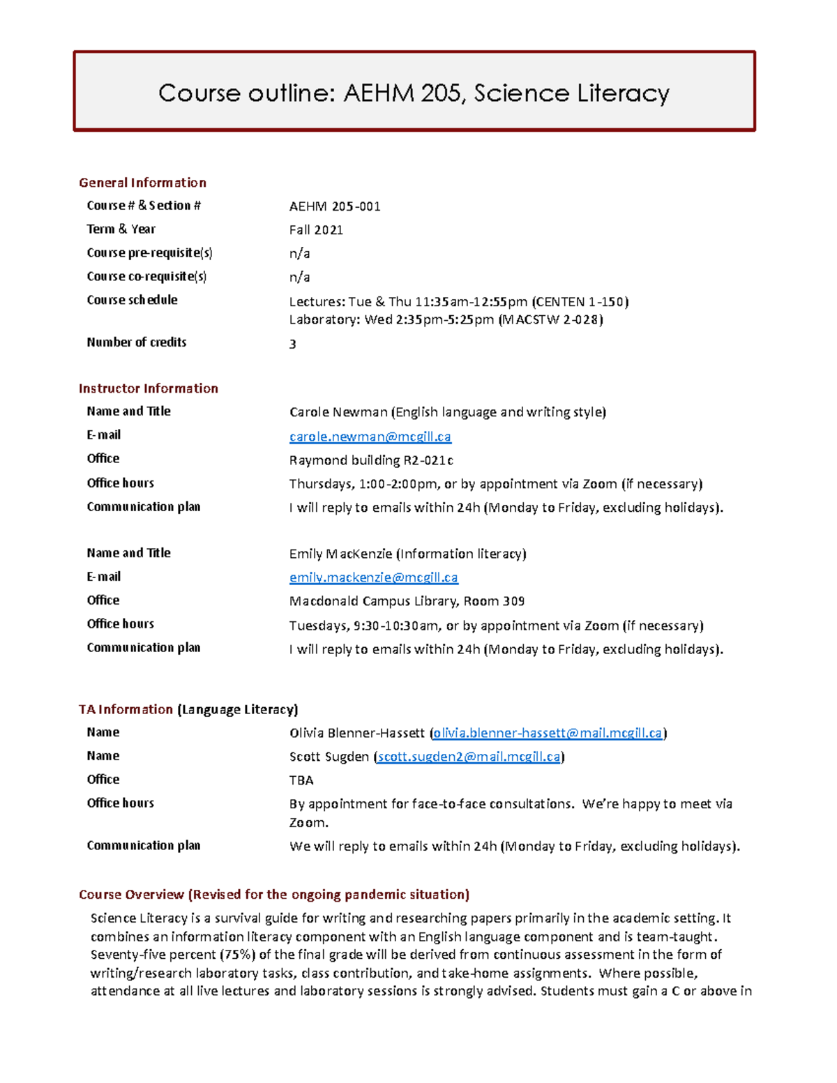 AEHM 205 Course Outline: Science Literacy Fall 2021 - Studocu