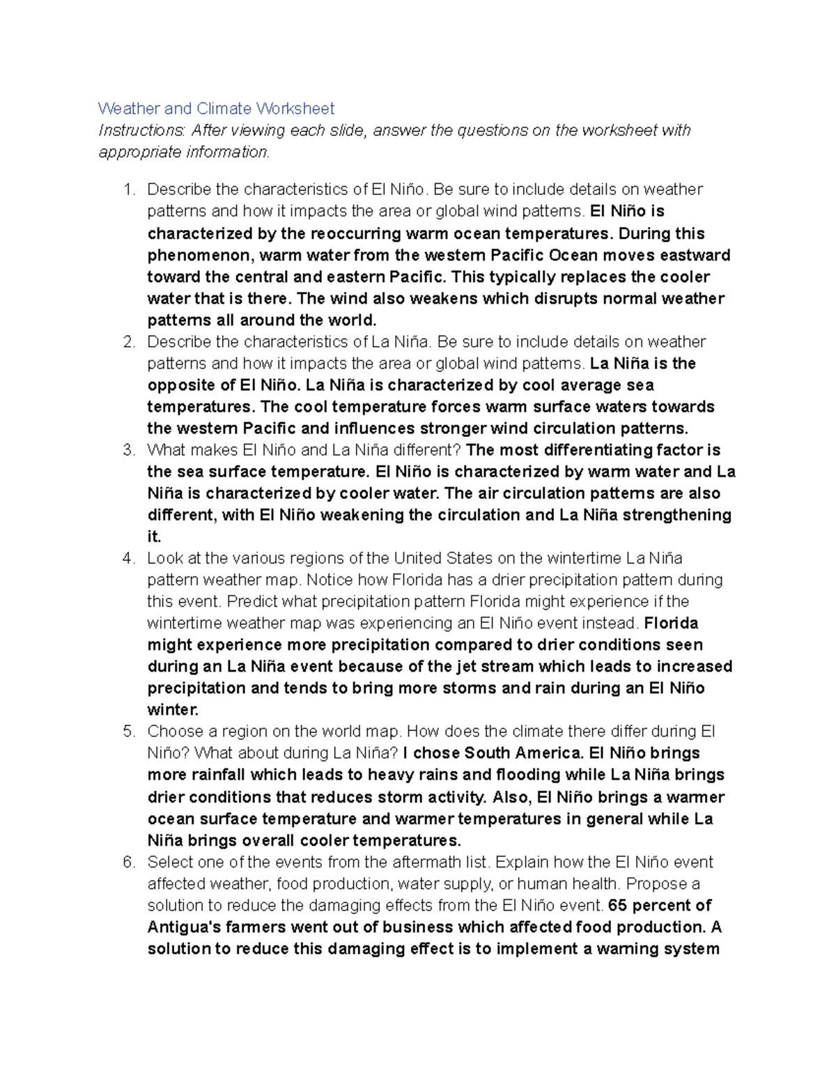 Weather and Climate Worksheet: Exploring El Niño and La Niña - Studocu