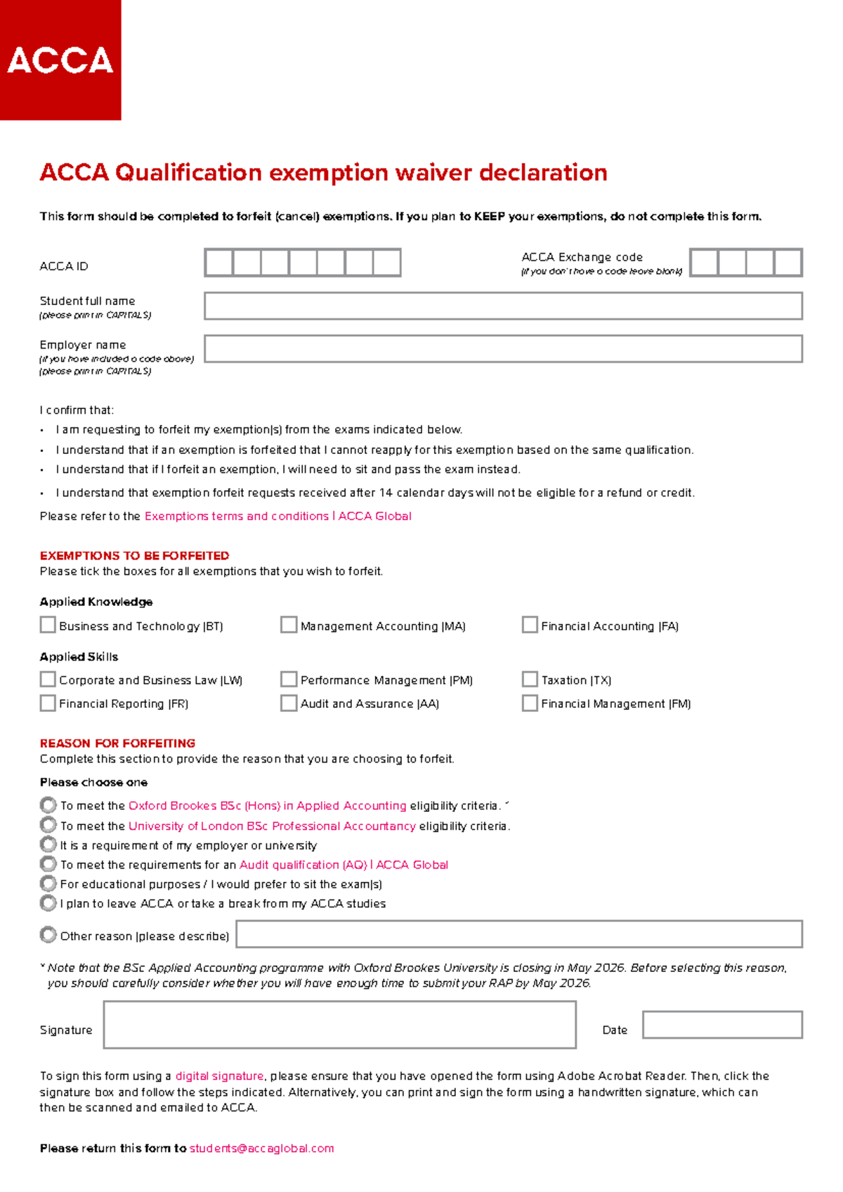 ACCA Qualification Exemption Forfeit Declaration Form - Studocu